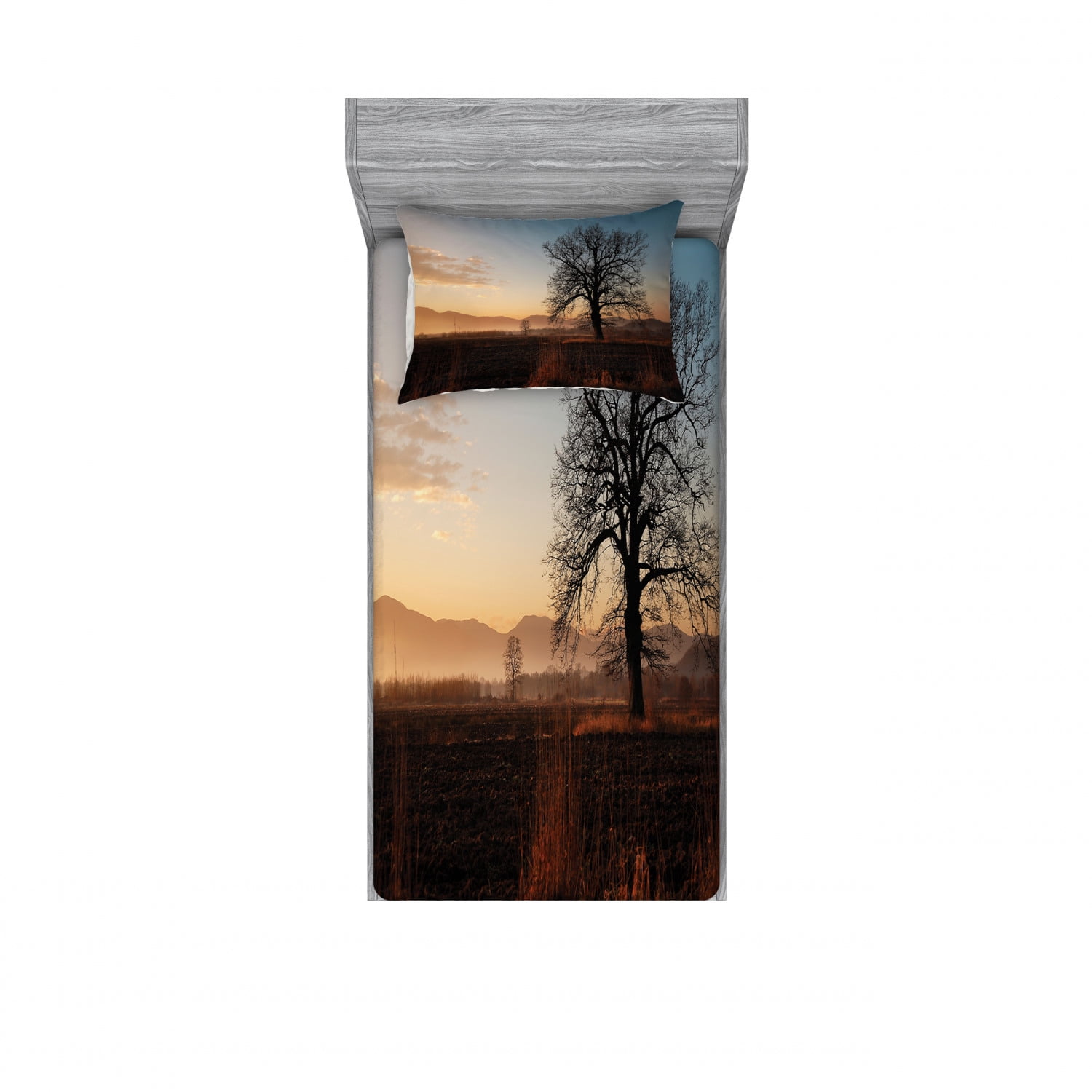 Tree Bedding Set with Sheet & Covers, Oak Tree Distant Hills at Sunrise ...