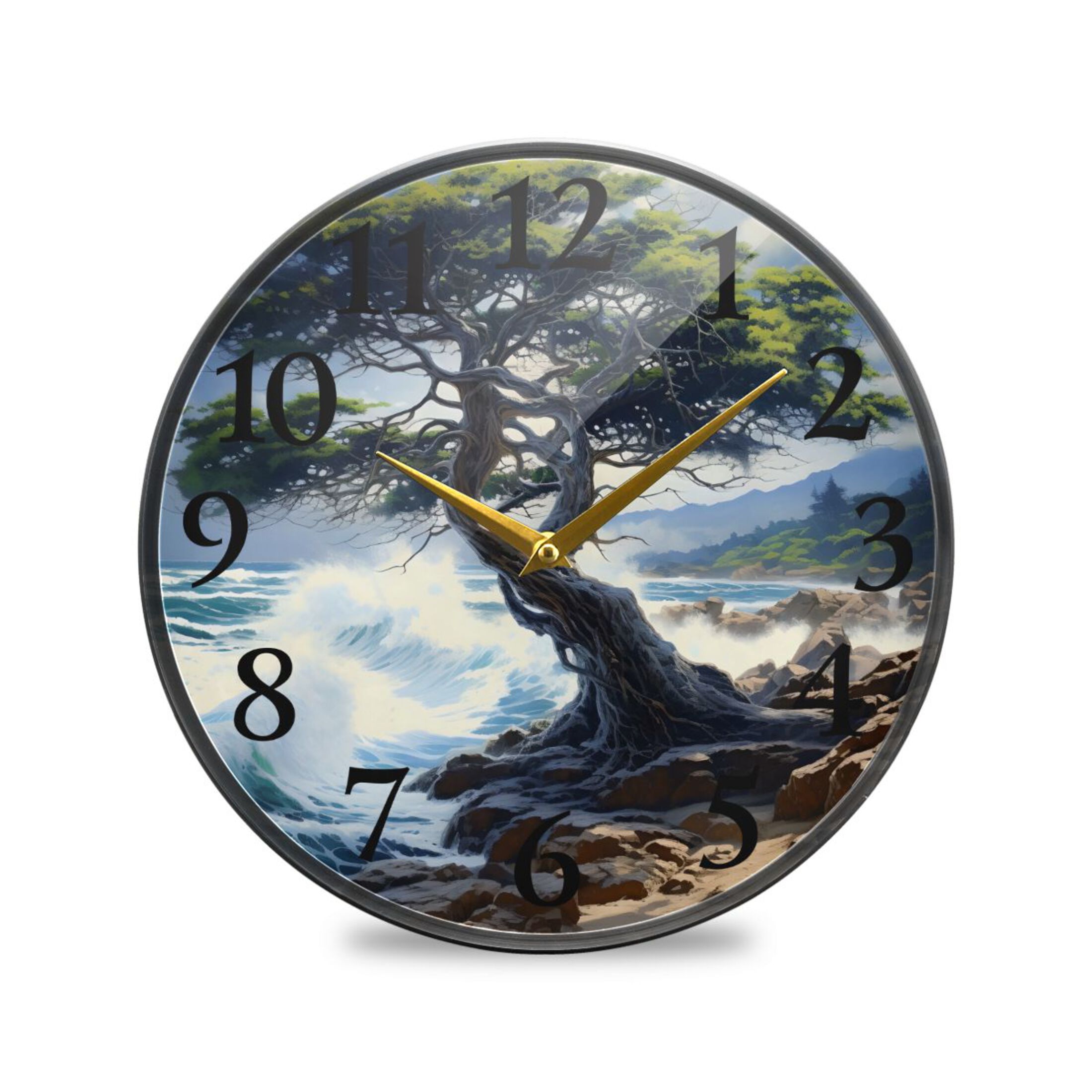 Tree Behind Sea Wall Clocks Battery Operated 11.9 Inch Round Clock Acrylic Silent Non-Ticking ...