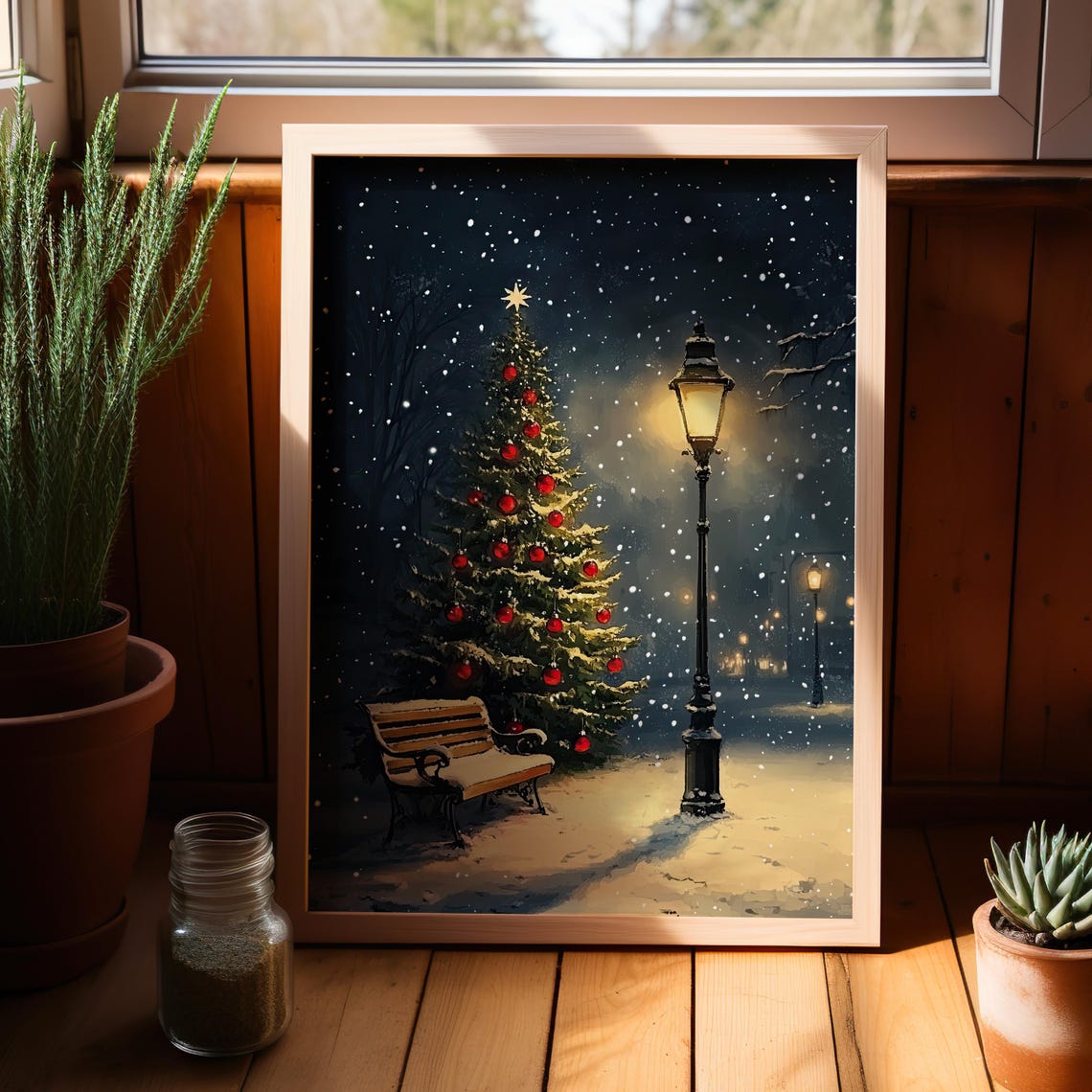 Tree By Bench Under Street Lamps Poster Or Print, Snowfall Night Scene ...