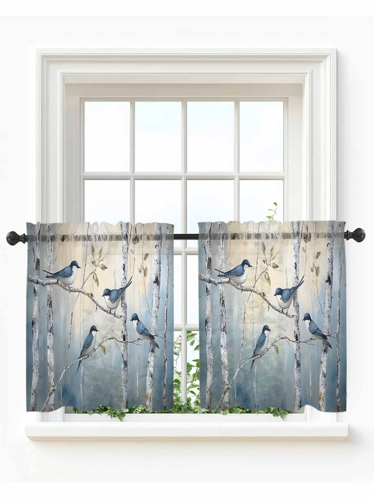 Tree Birds Tier Curtains 36 Inch Length,Sheer Curtains for Bedroom ...