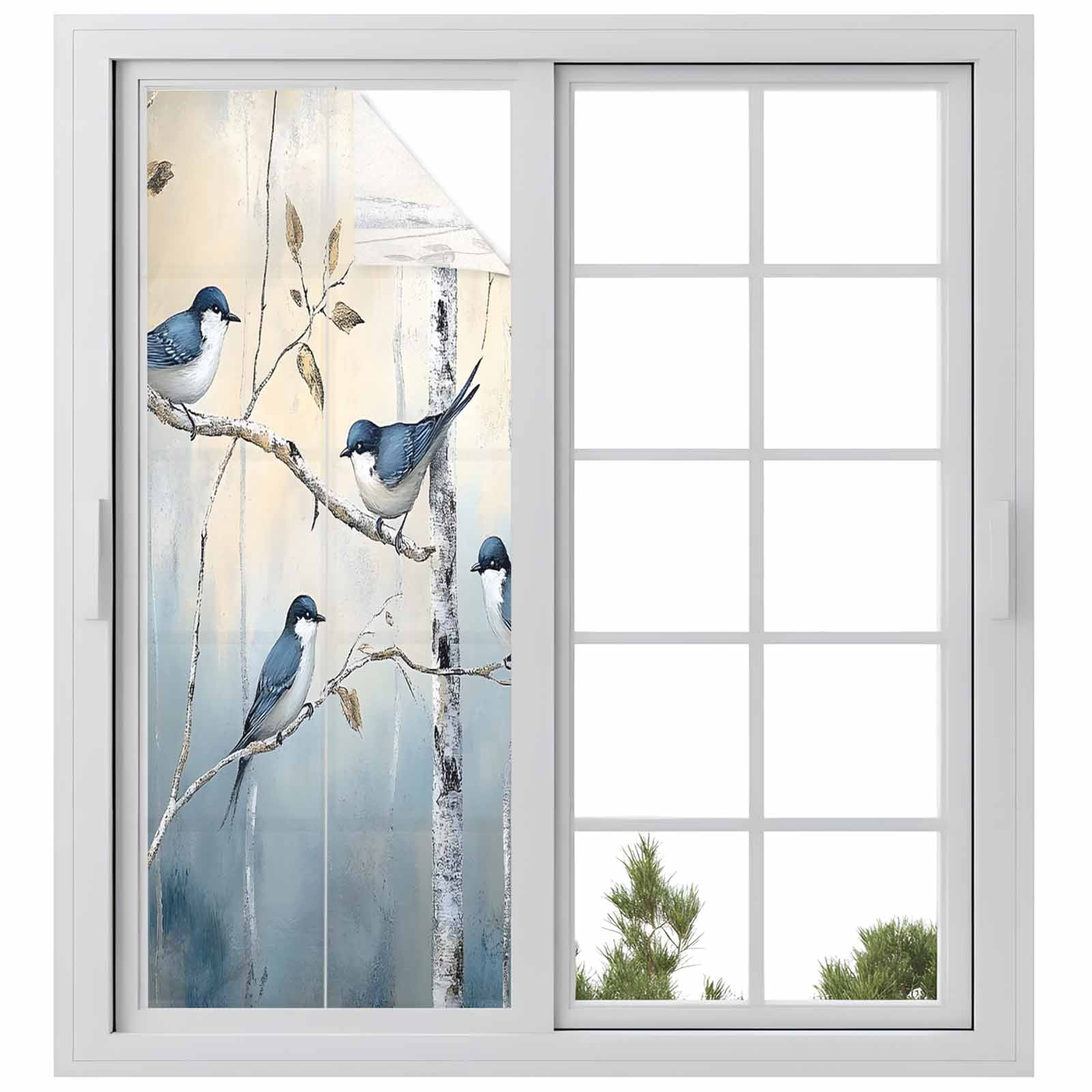 Tree Birds Window Privacy Film, Spring Forest Oil Painting Modern ...