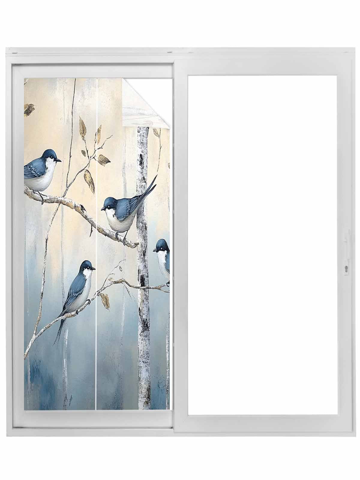 Tree Birds Window Privacy Film, Spring Forest Oil Painting Modern ...