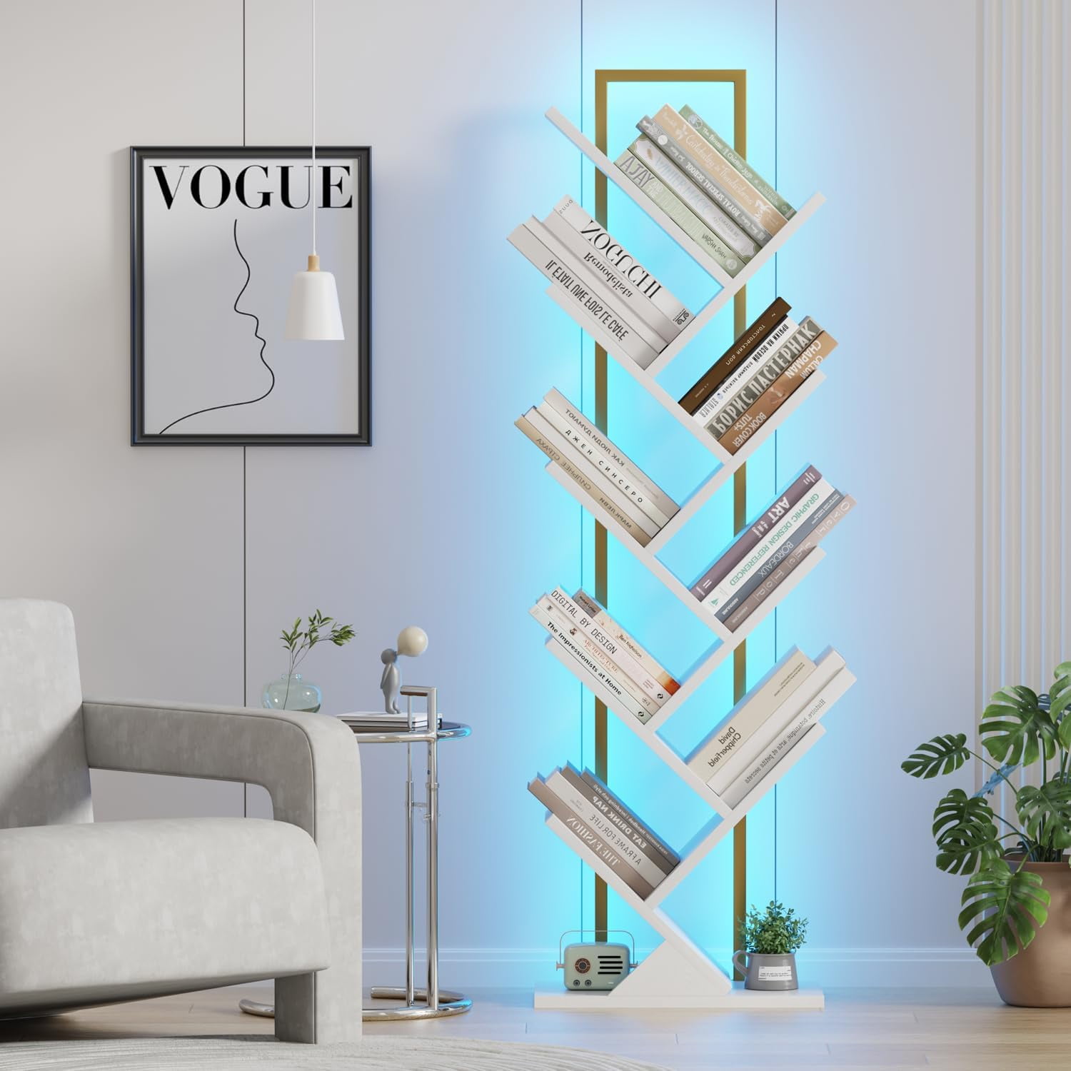 Tree Book Shelf with LED Lights, 9 Tier Floor Standing Bookcase ...