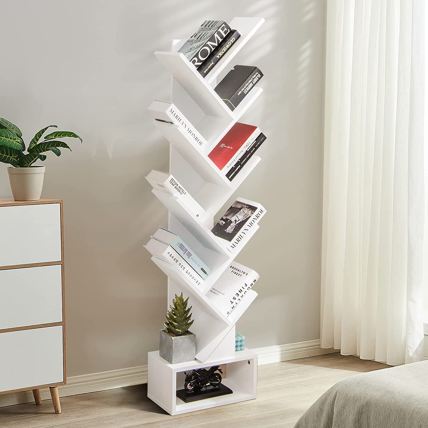 Tree Bookshelf, 10 Shelf Bookcase with Drawer, Geometric Bookshelves ...