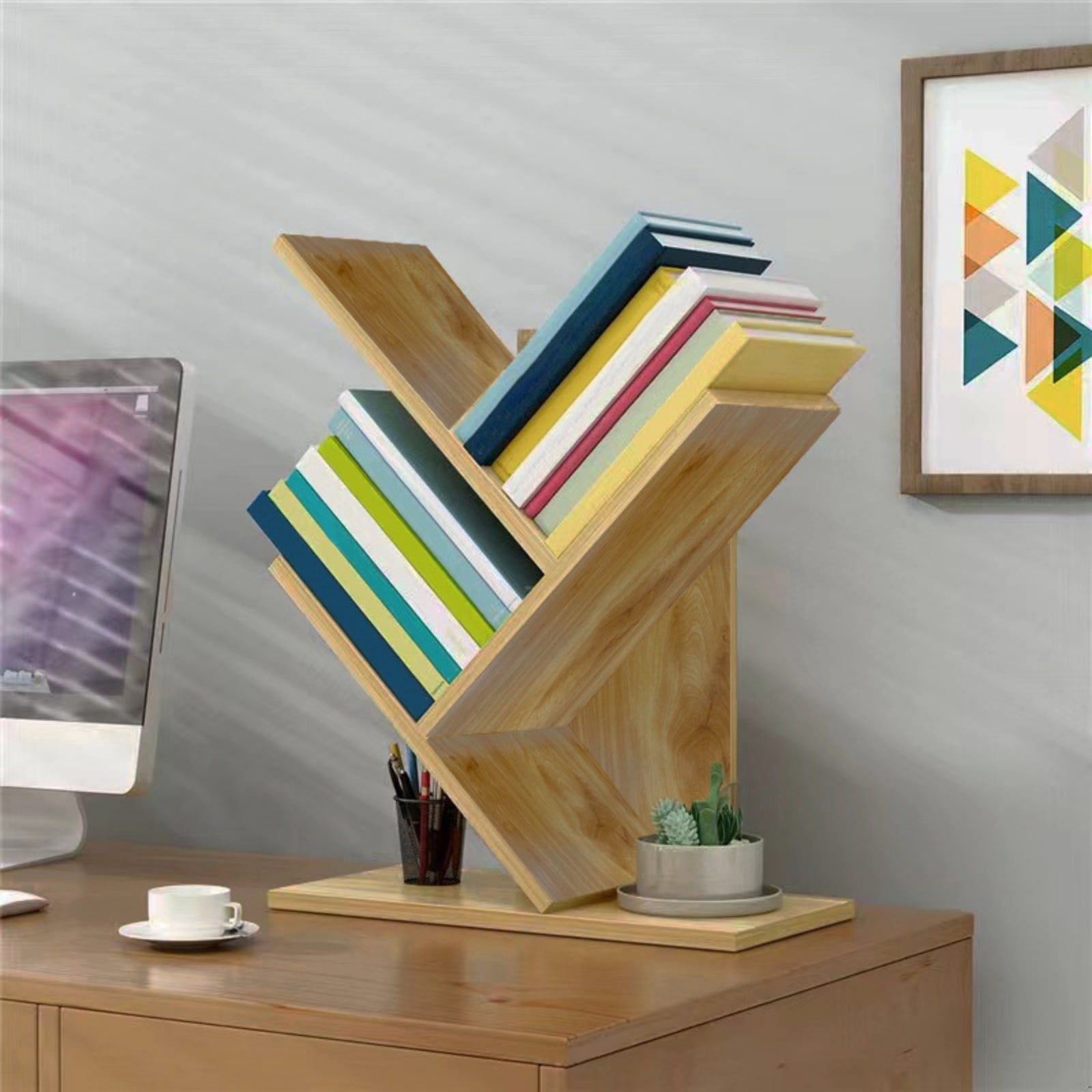 Tree Bookshelf, 3-Tier Small Book Storage Organizer Shelves Floor ...