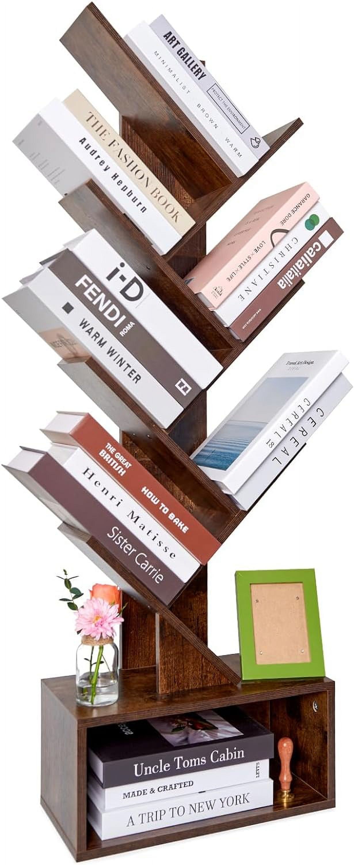 Tree Bookshelf 6 Layers with Drawers Retro Book Holder Rustic Brown ...