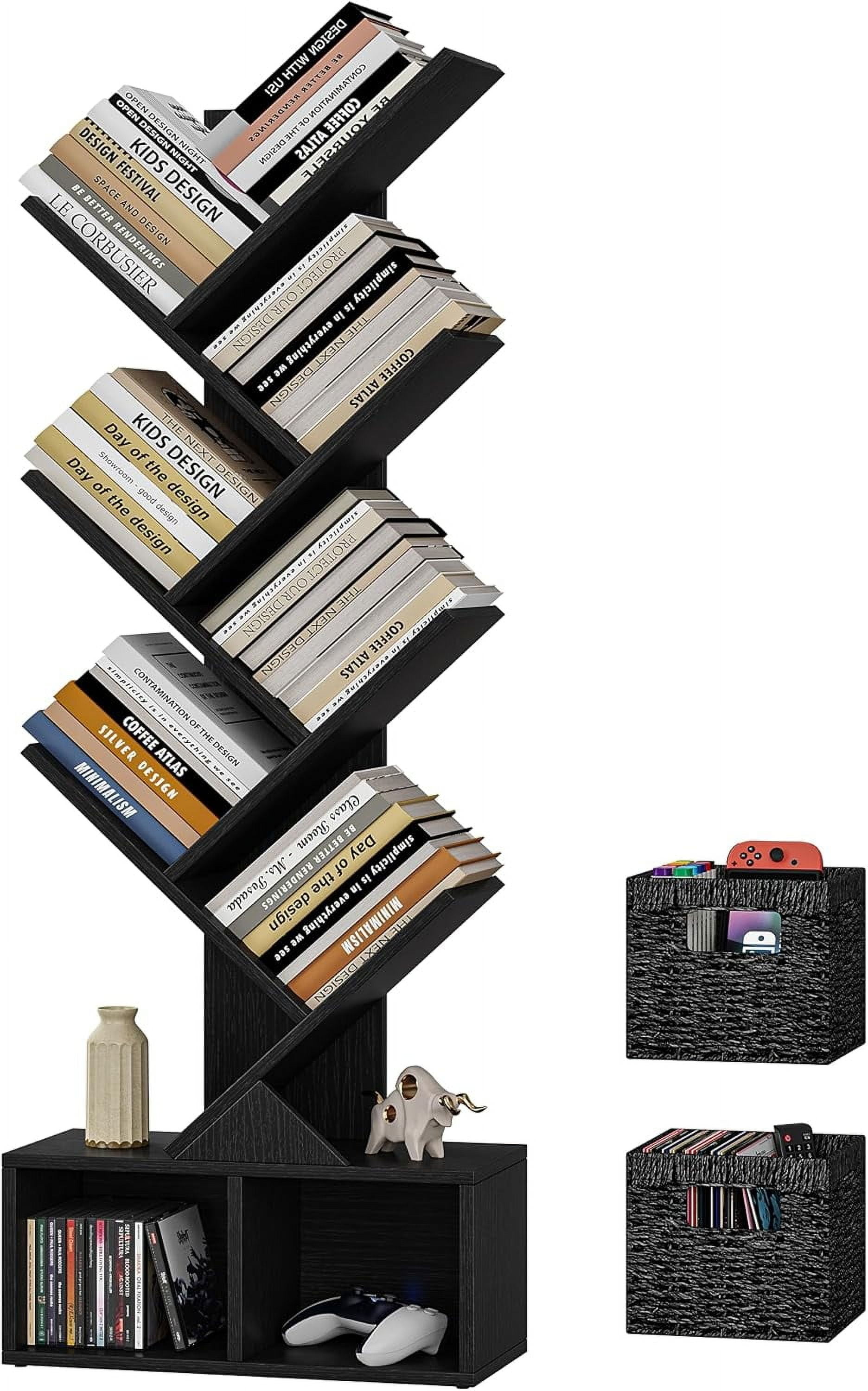 Tree Bookshelf, 6 Tier Bookshelf with Storage, Tall Narrow Bookcase ...