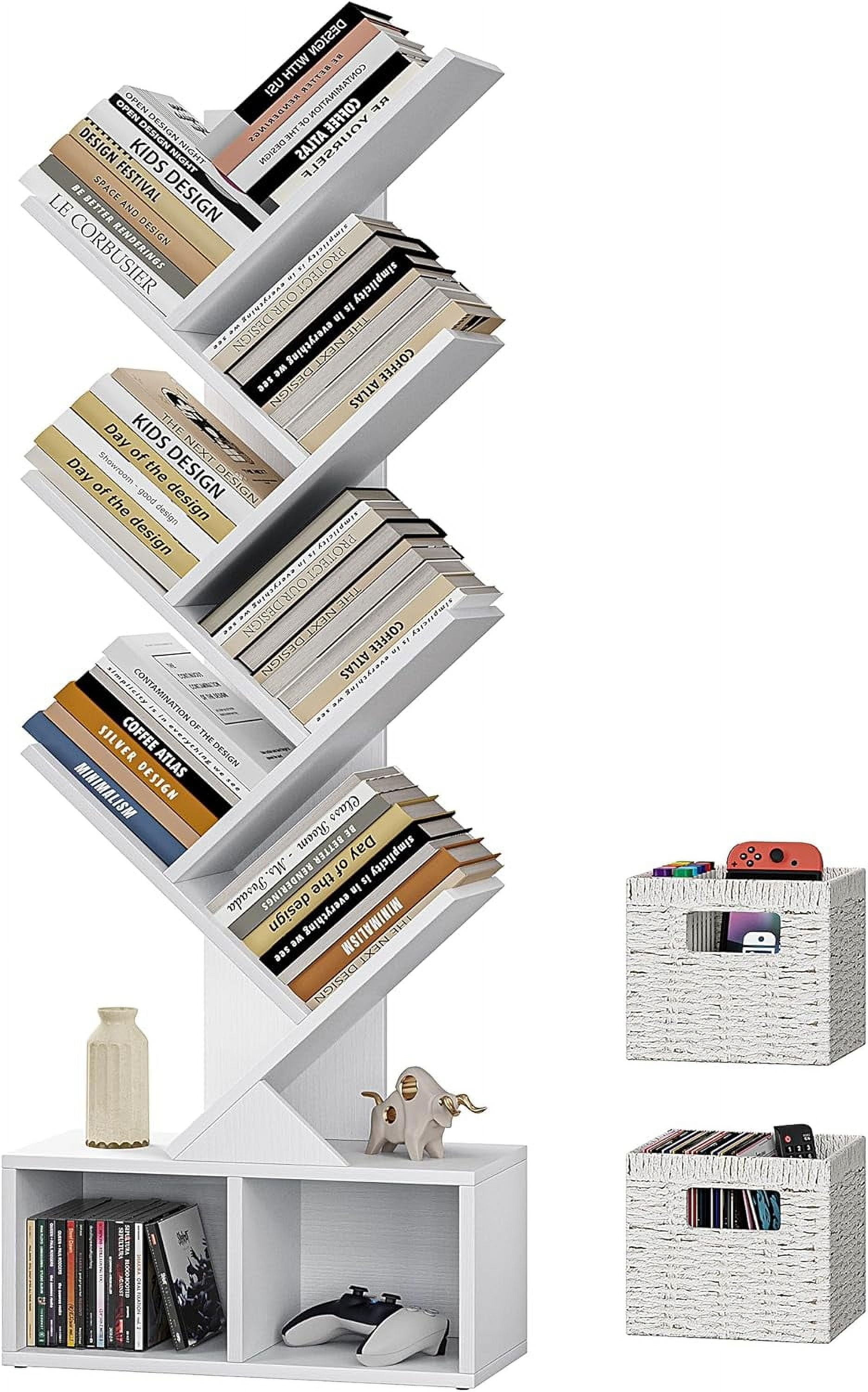 Tree Bookshelf, 6 Tier Bookshelf with Storage, Tall Narrow Bookcase ...