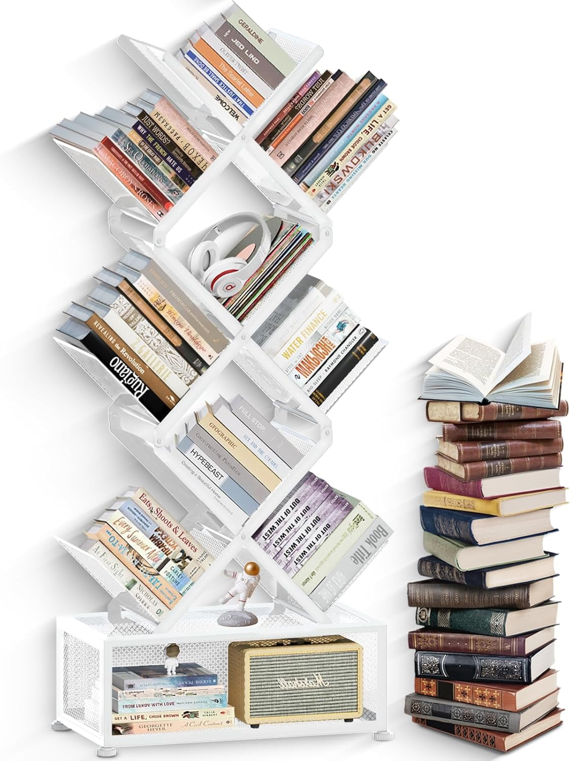 Tree Bookshelf,9 Tier Folding Bookshelf with Storage Cabinet, Tall ...