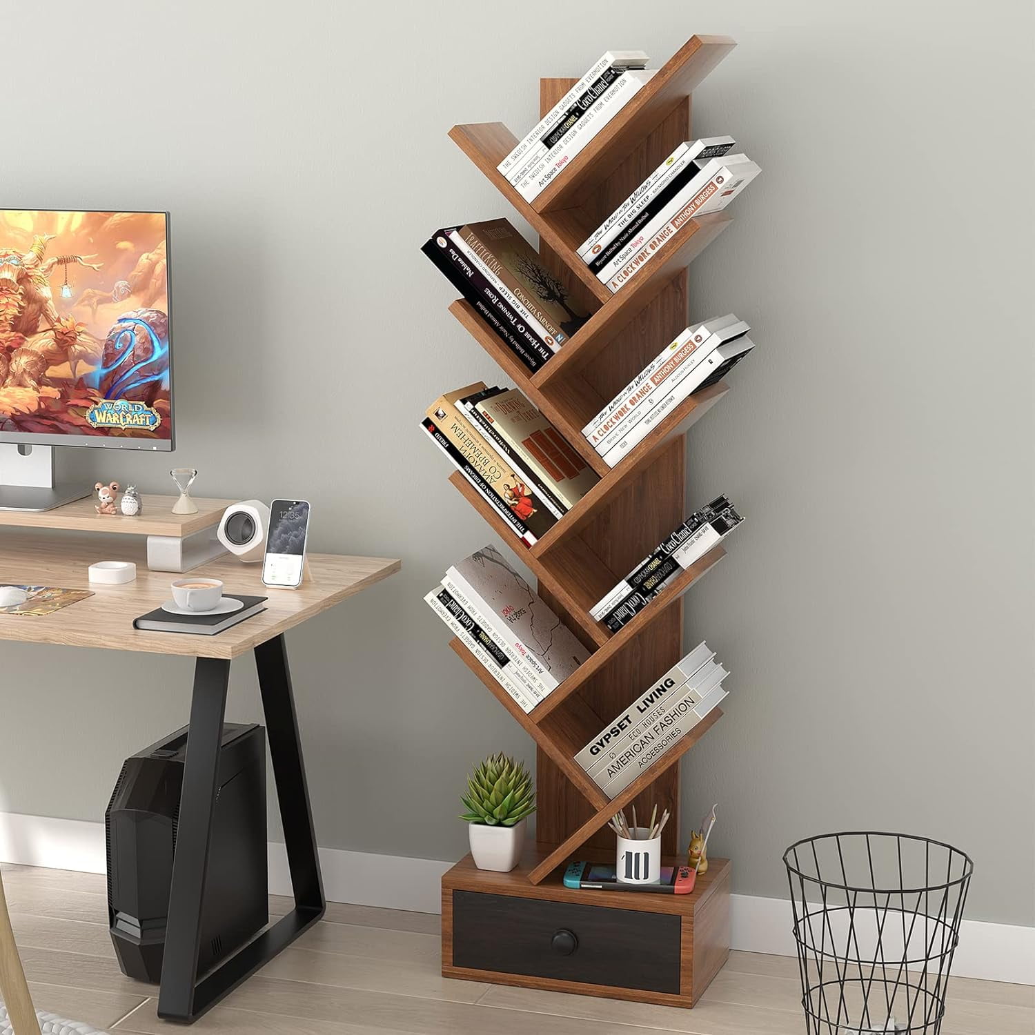 Tree Bookshelf with Drawer, 59’’ Geometric Bookcase, Tall Bookshelves ...