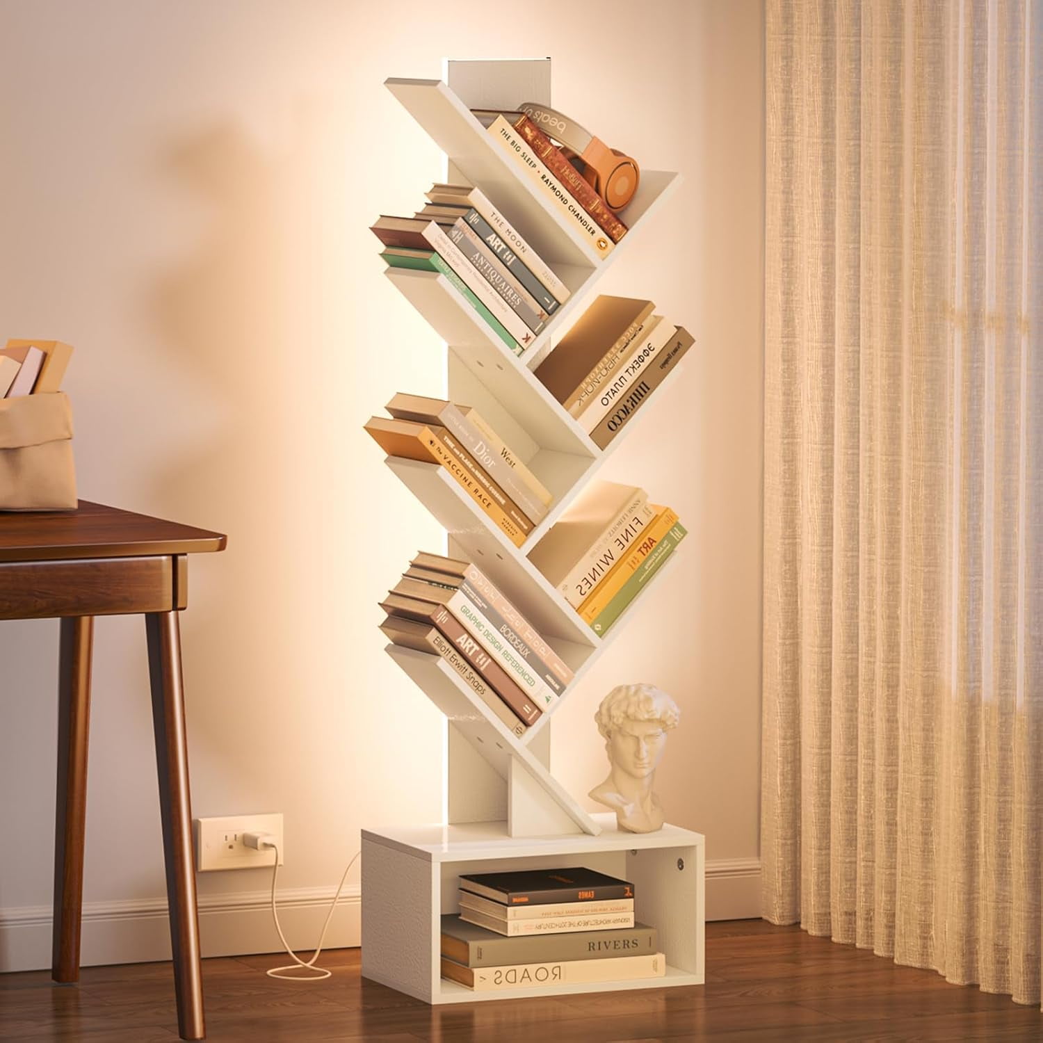Tree Bookshelf with LED Light, 6 Tier Book Shelf, Small Bookcase Narrow ...