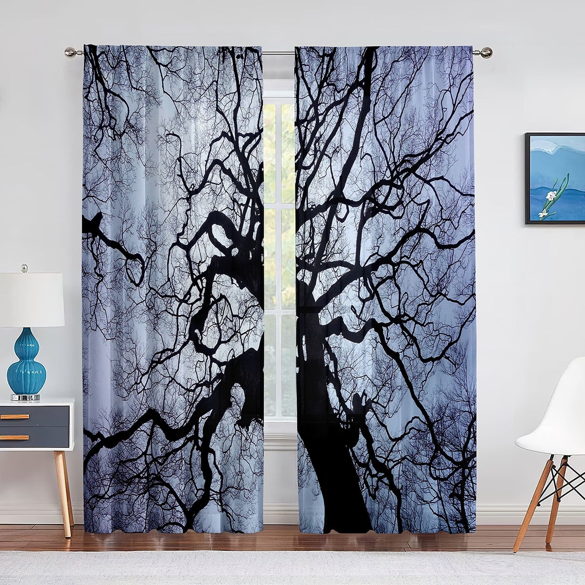 Tree Branches Print Grey Tulle Voile Curtains for Bedroom Window ...