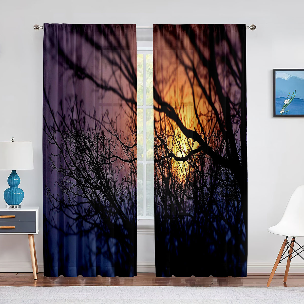 Tree Branches Print Grey Tulle Voile Curtains for Bedroom Window ...