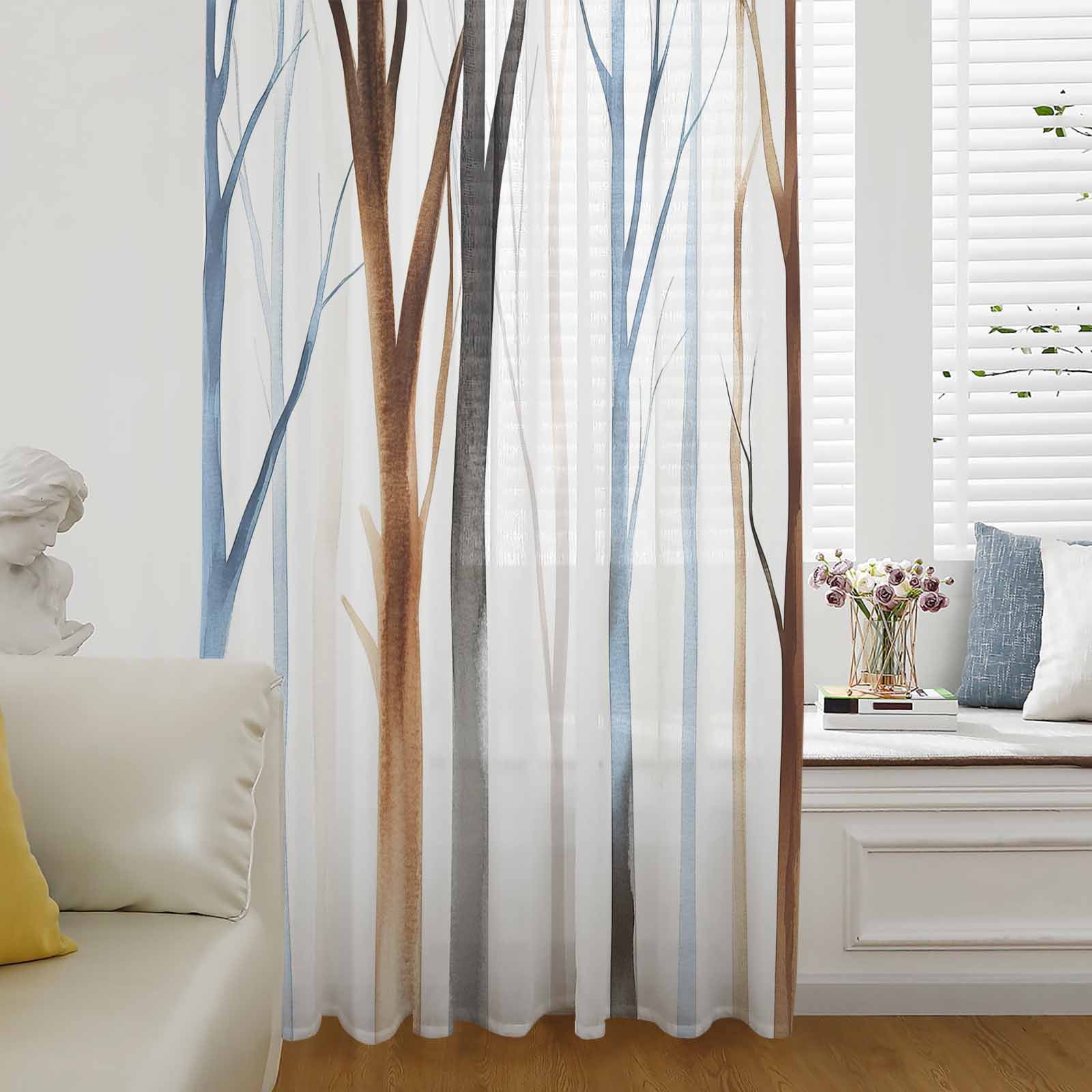 Tree Branches Window Curtain 45 Inches Long,Gradual Blue Brown Abstract ...