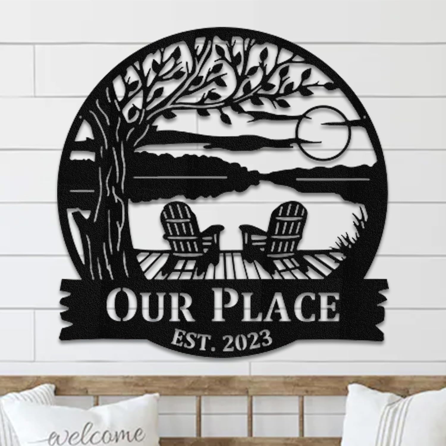 Tree Chairs Dock on Lake Scene Sunset sign Personalized Metal Monogram ...