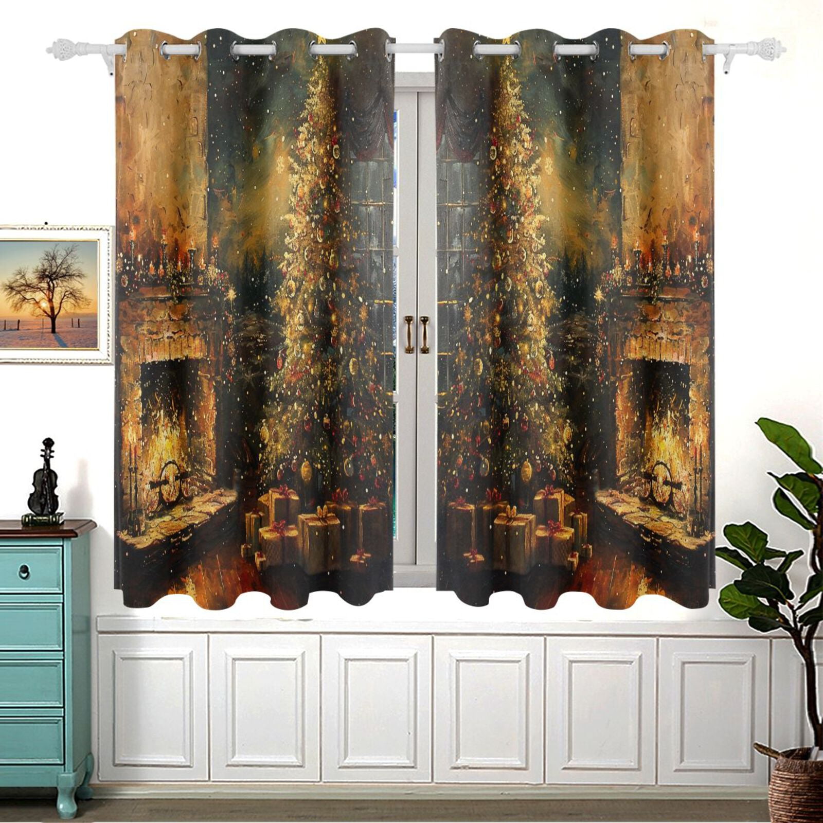 Tree Christmas Fire Curtains Grommet Black Out 54 Inch Length Curtain Drapes for Bedroom Living ...