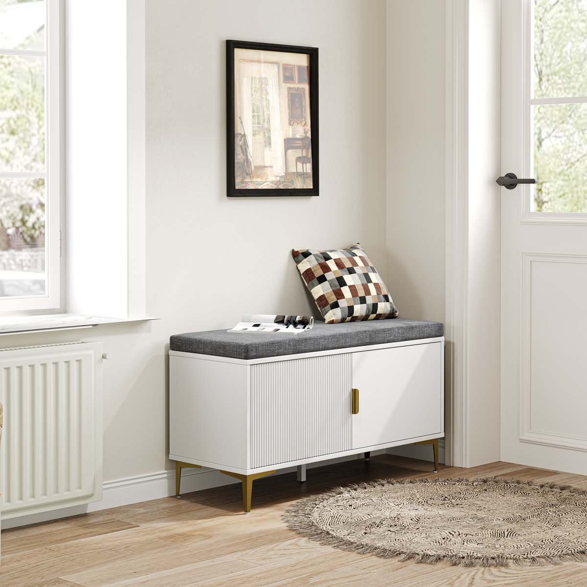 Tree City -Cabinet Modern Wide Storage Bench With Cushioned Seat ...