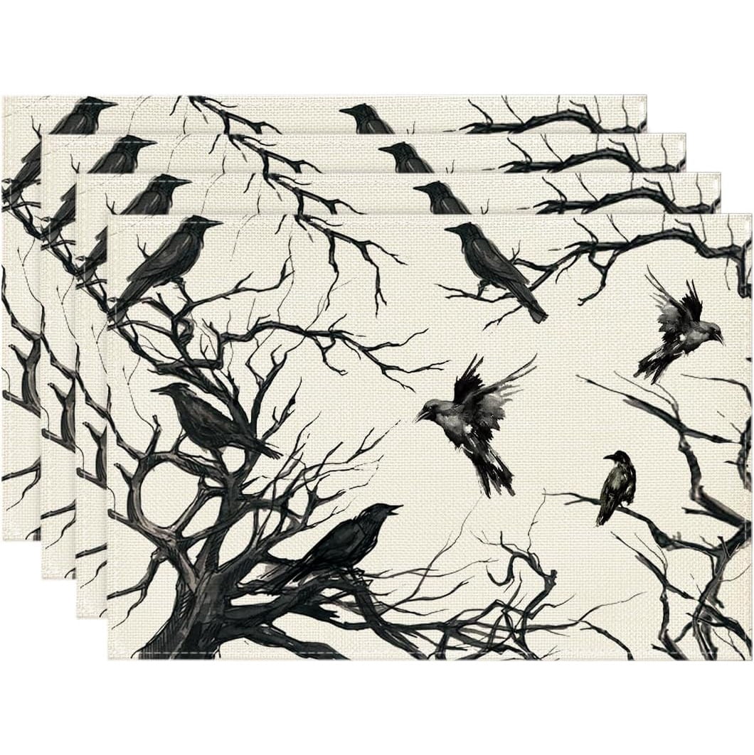 Tree Crows Halloween Placemats Set of 4, 12x18 Inch Branches Fall Table ...