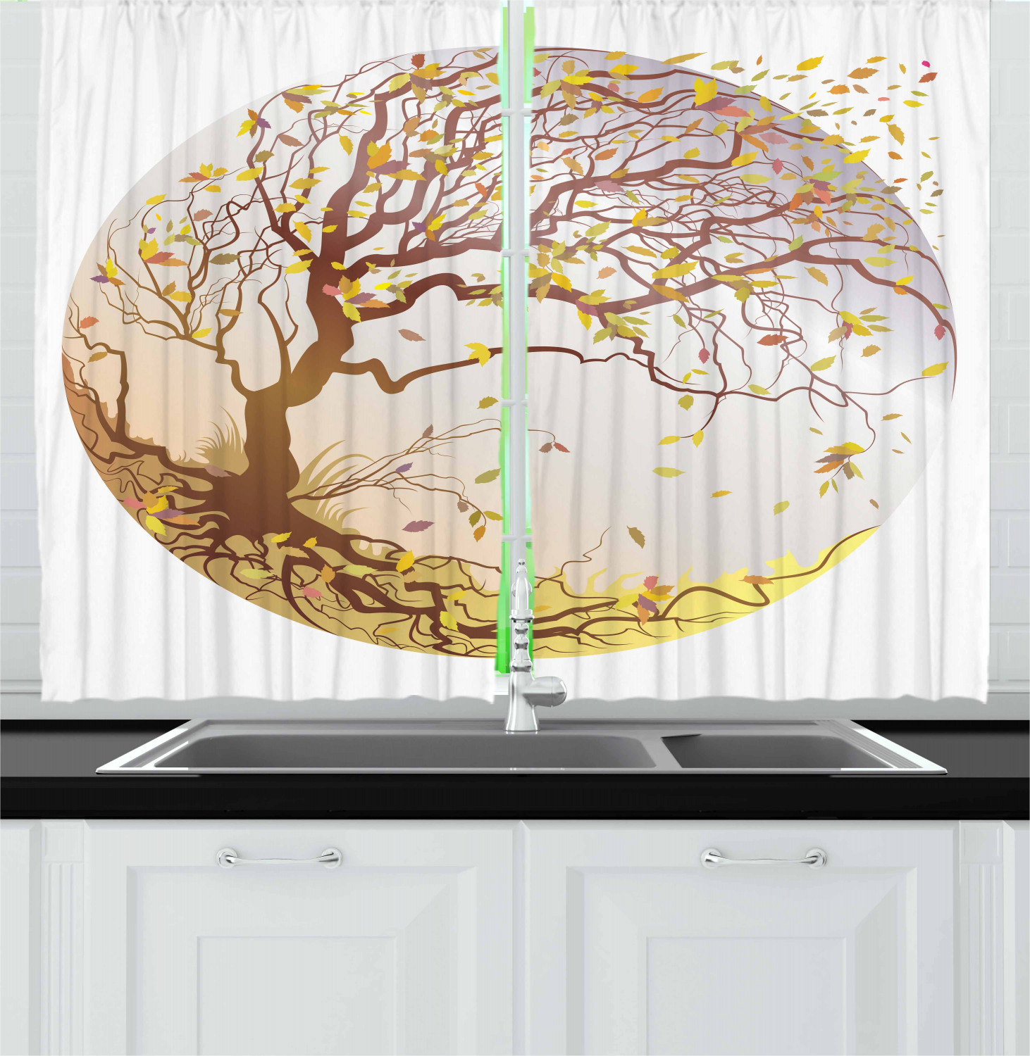 Tree Curtains 2 Panels Set, Autumn Tree on a Hill in Windy Weather ...