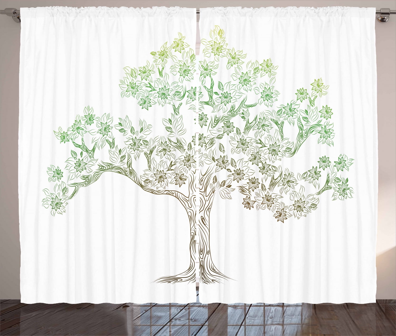 Ambesonne Tree Curtains 2 Panel Set, Doodle Style Oak Foliage, 108" x ...