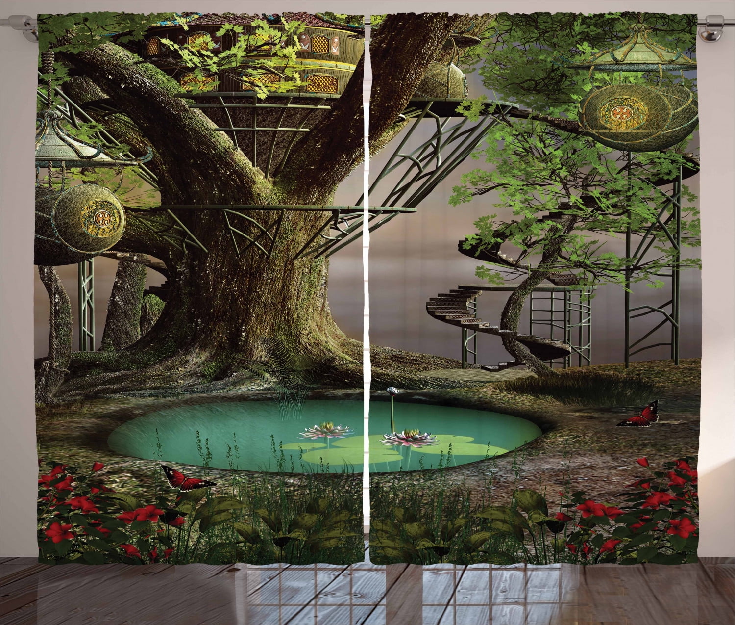 Ambesonne Tree Curtains 2 Panel Set, Enchanted Tree Fort Pond, 108" x ...