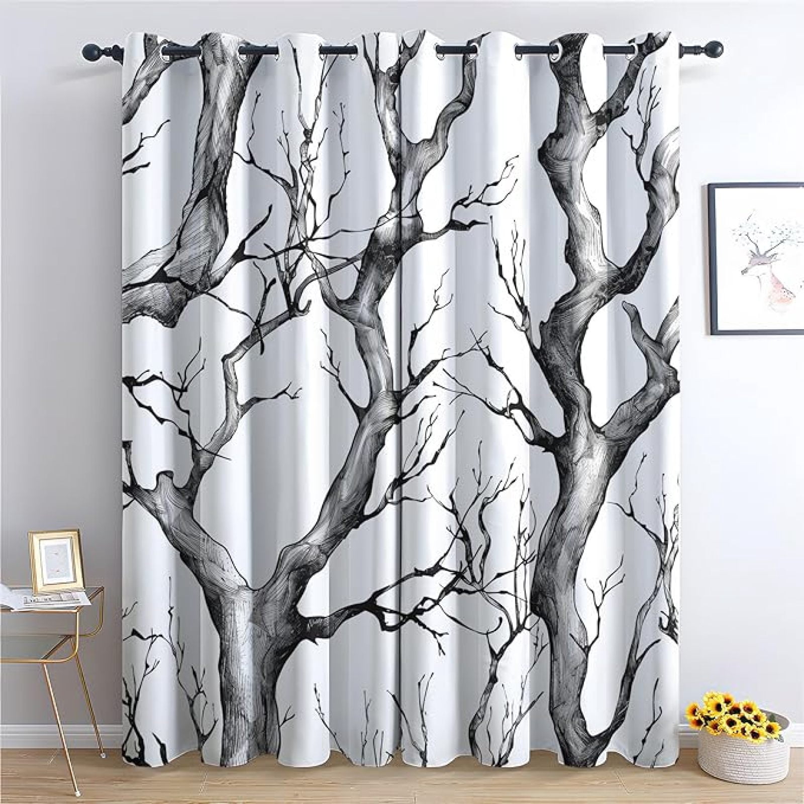 Tree Curtains, Black White Forest Window Curtains, Branch Woodland ...