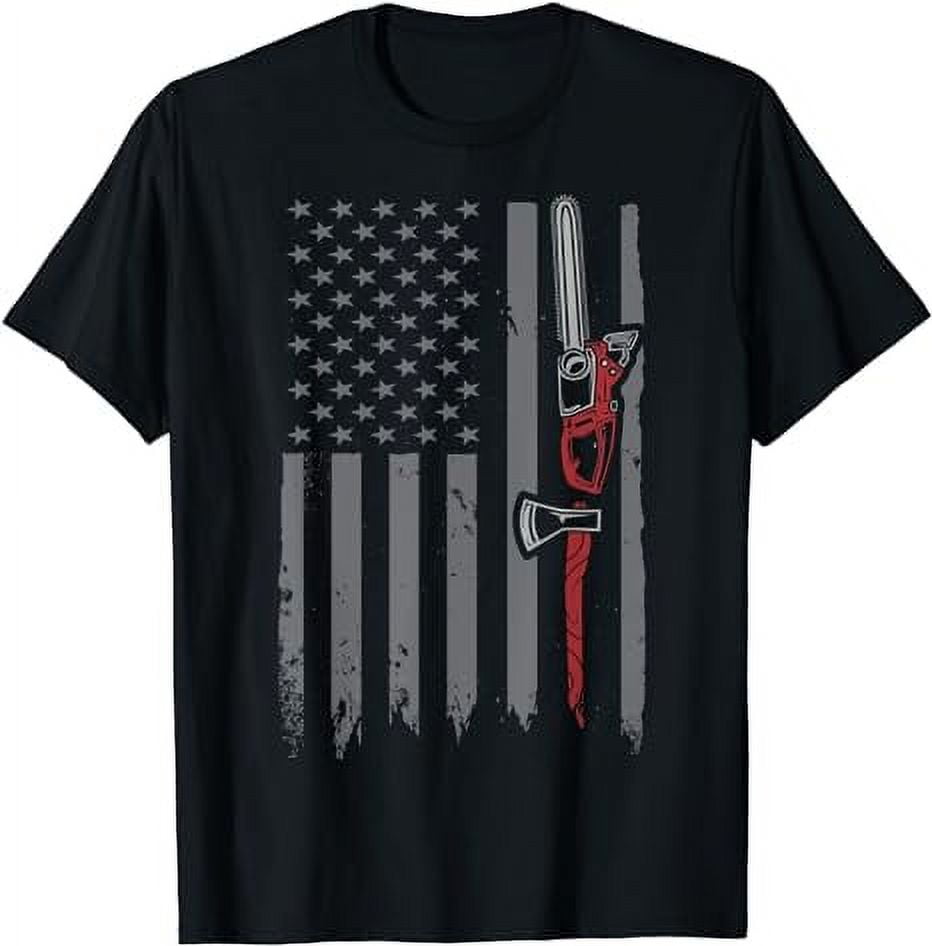 Tree Cutting Axe And Chainsaw USA Flag Woodcutter Worker T-Shirt ...