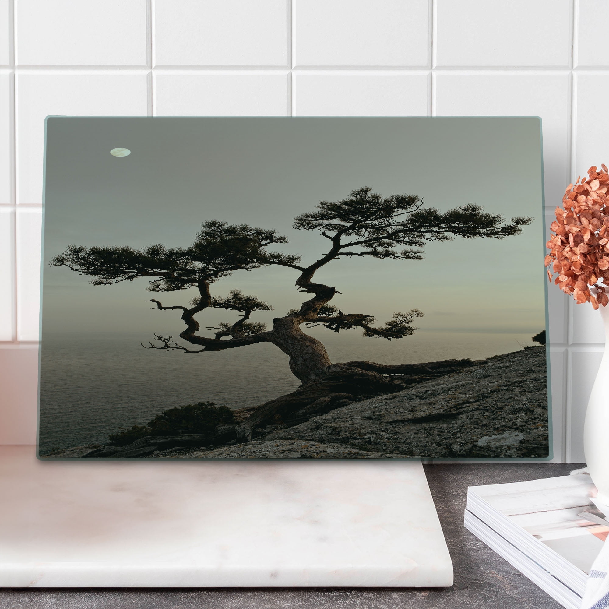 Tree Cutting Board, Lonely Juniper Tree on Seaside Cliff Full Moon at ...