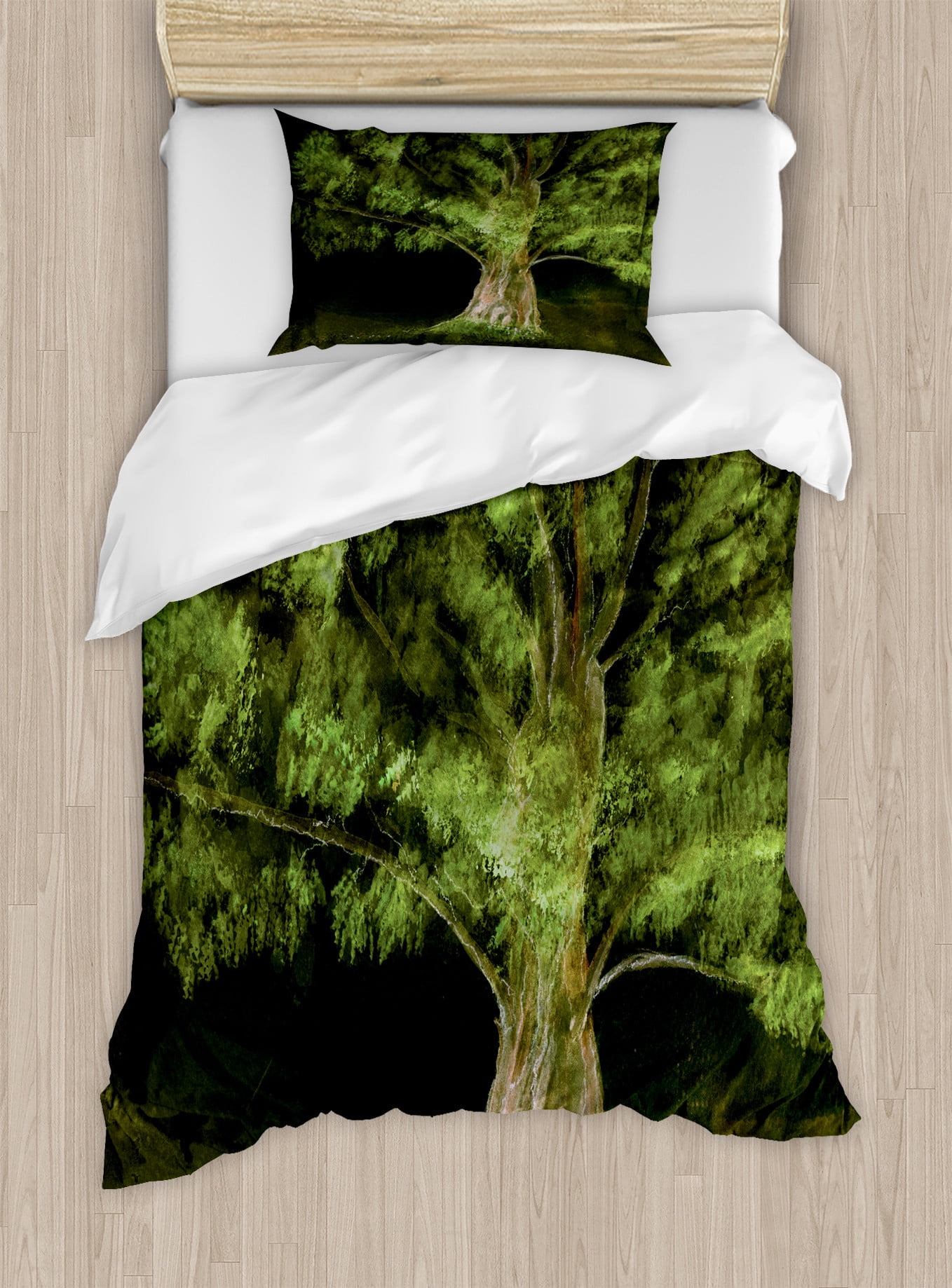Tree Duvet Cover Set, Dark Forest Scene of a Nature Silhouette Fine Art ...