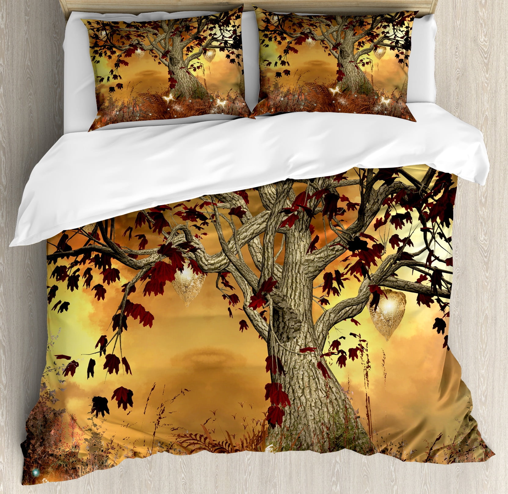 Tree Duvet Cover Set, Lonely Themed Composition Ornamentation in Earthy ...