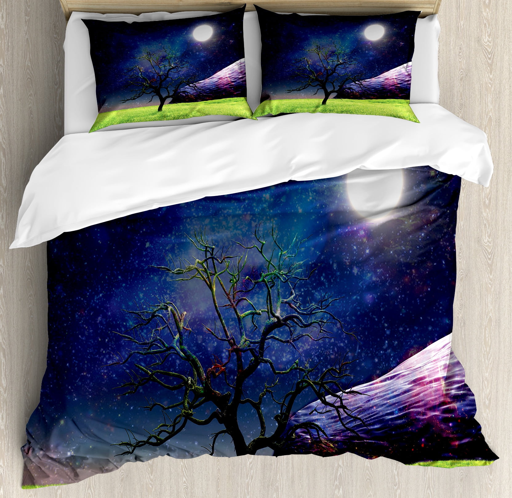 Tree Duvet Cover Set, Moon with a Tree Full Moon Galaxy Grass Creative ...