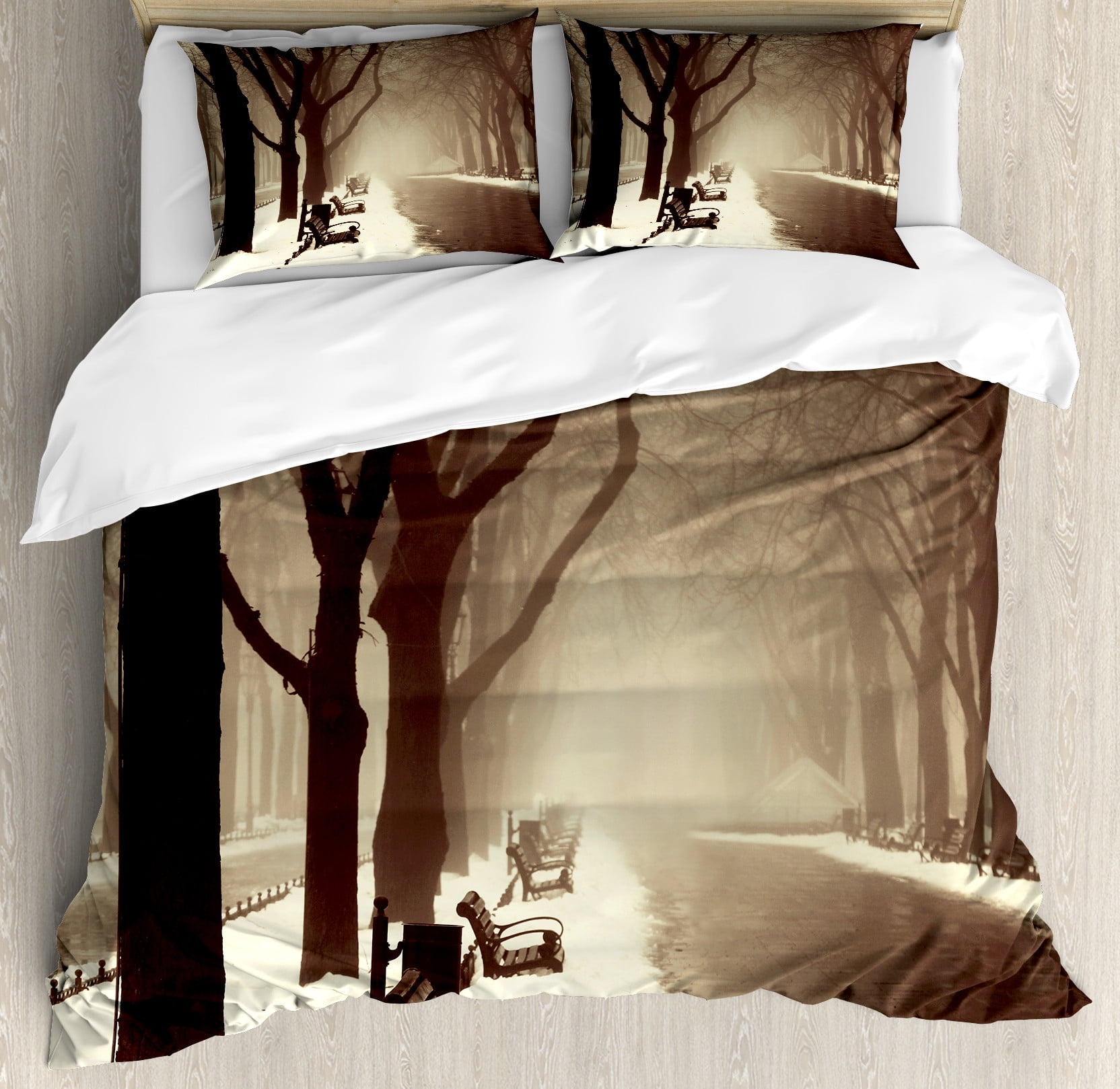 Tree Duvet Cover Set, Old Winter Alley by the Trees in European Town ...