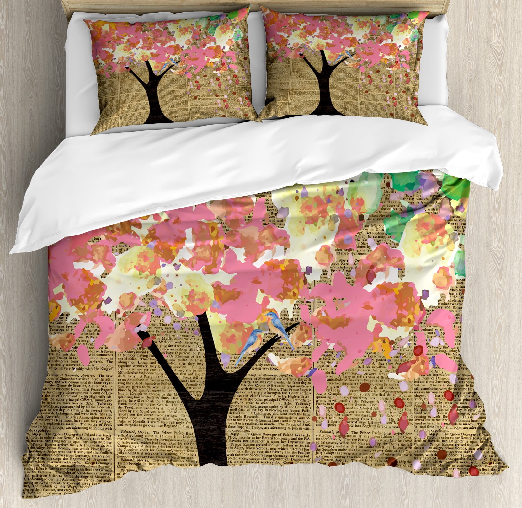 Tree Duvet Cover Set, Paint Splash Branches on Grunge Vintage Newspaper ...