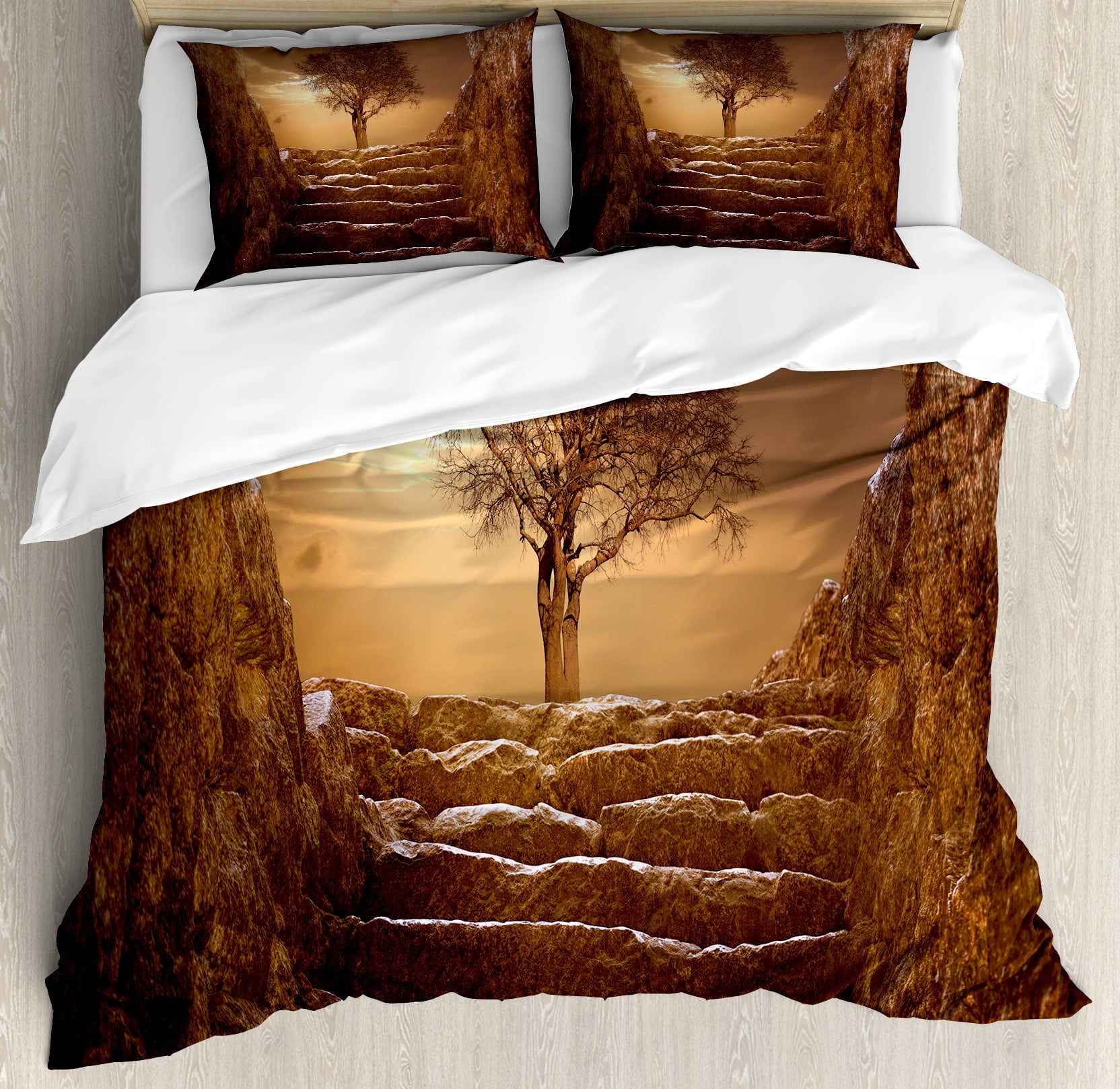Tree Duvet Cover Set, Treet Entrance with Stone Stairs Sun Rays Cloudy ...