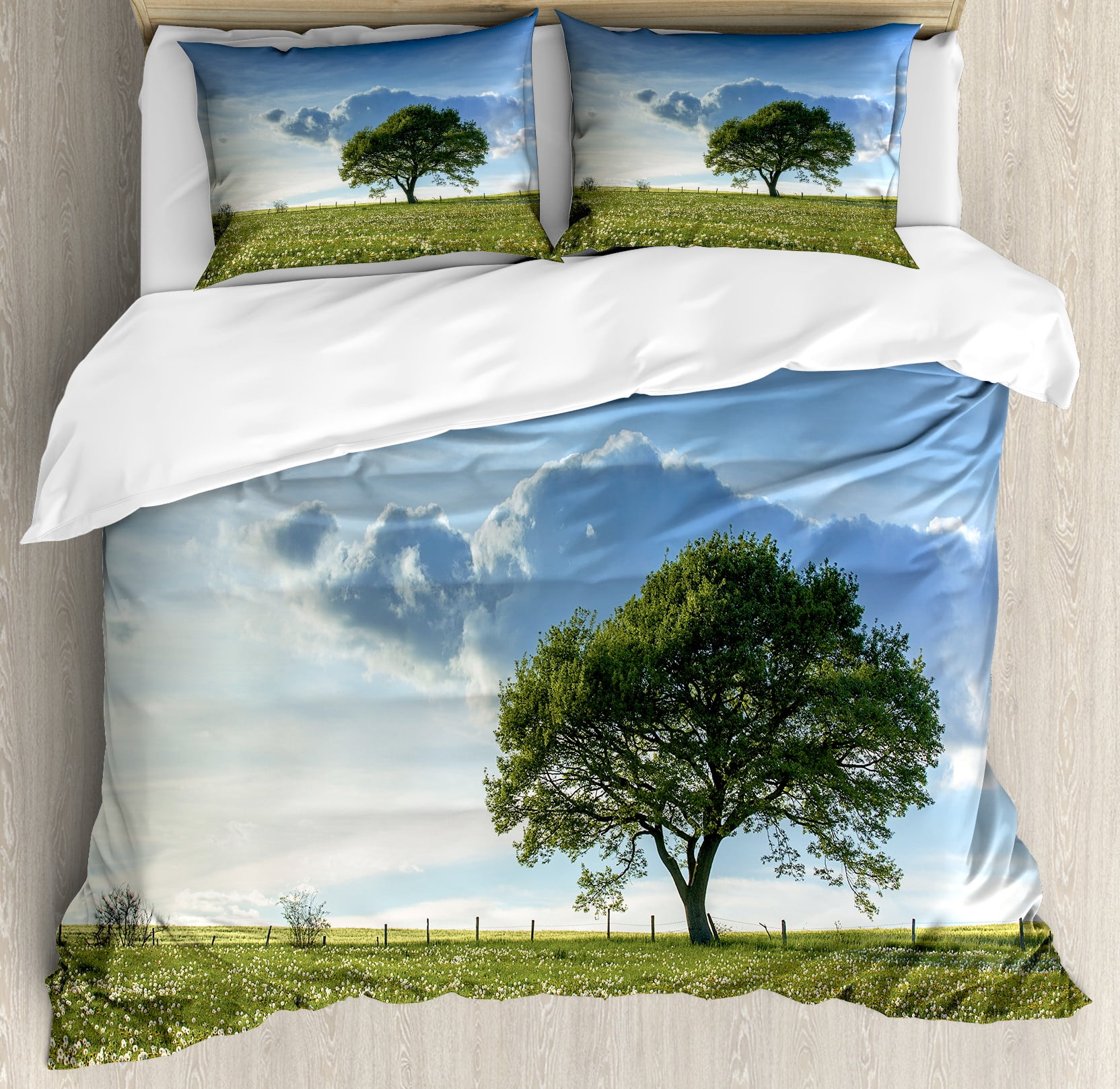 Tree Duvet Cover Set, Tree on a Wide Dandelion Flower Field Fluffy ...