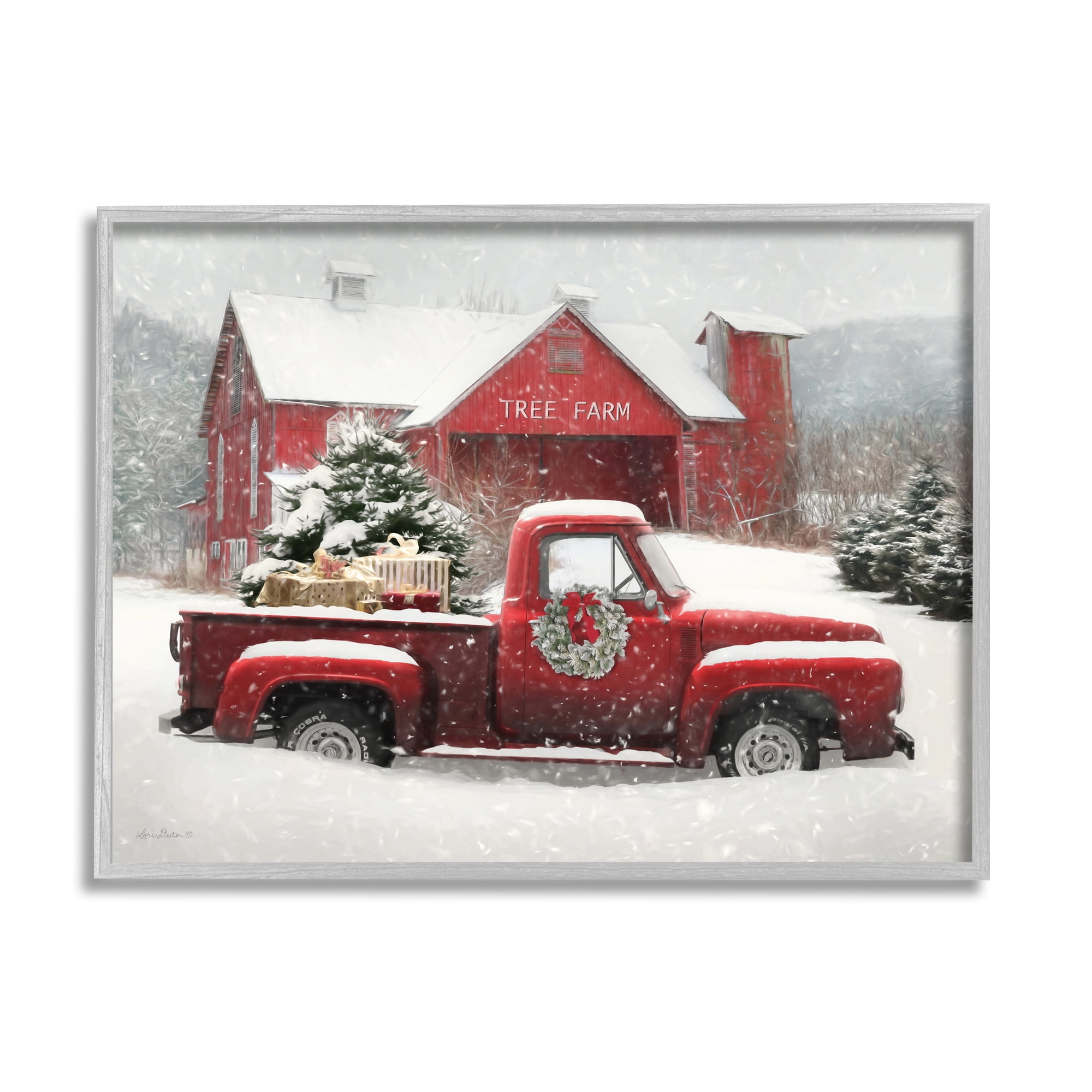 Tree Farm Red Truck Wintery Snow Flurries Transportation Painting ...