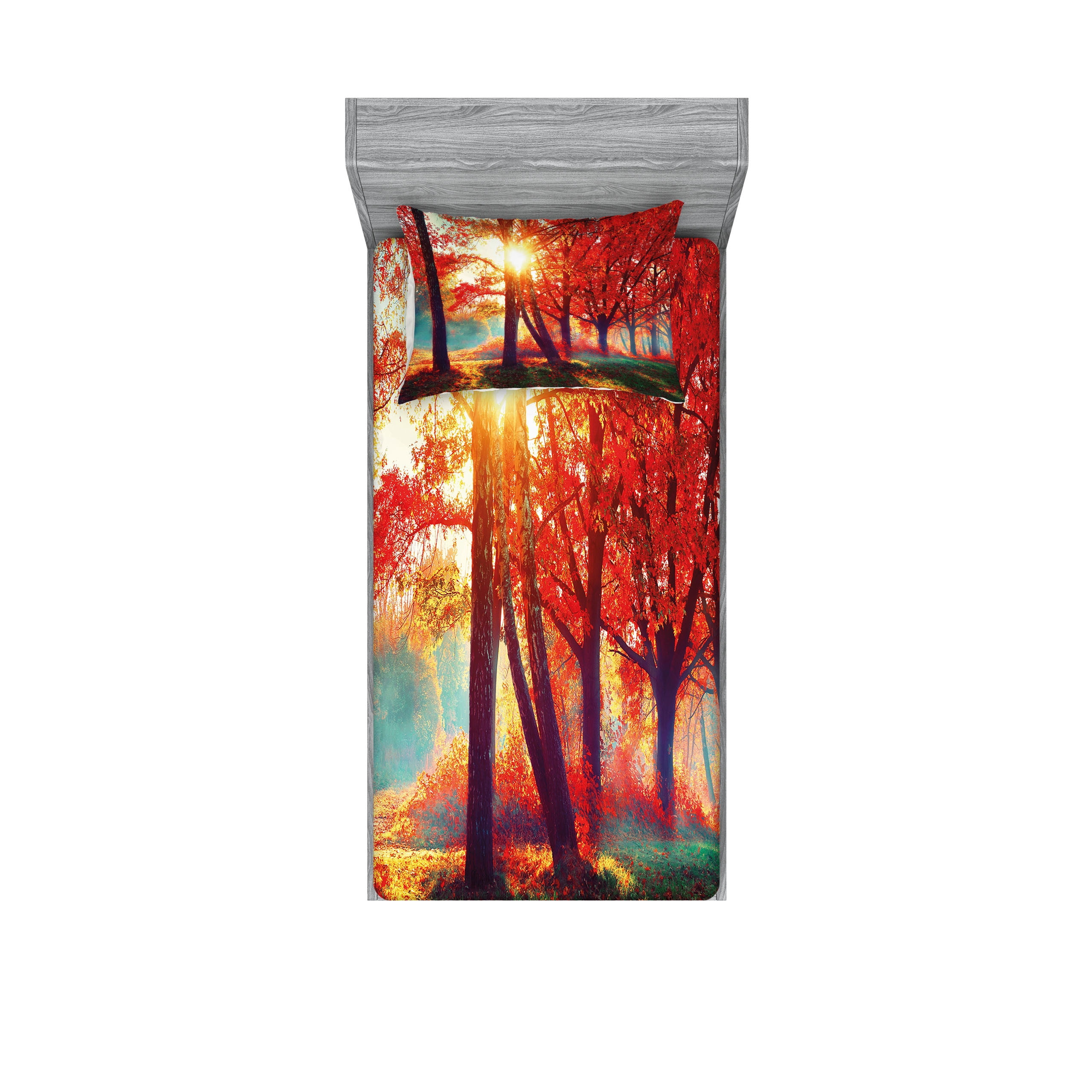 Tree Fitted Sheet & Pillow Sham Set, Autumnal Foggy Park Fall Nature ...