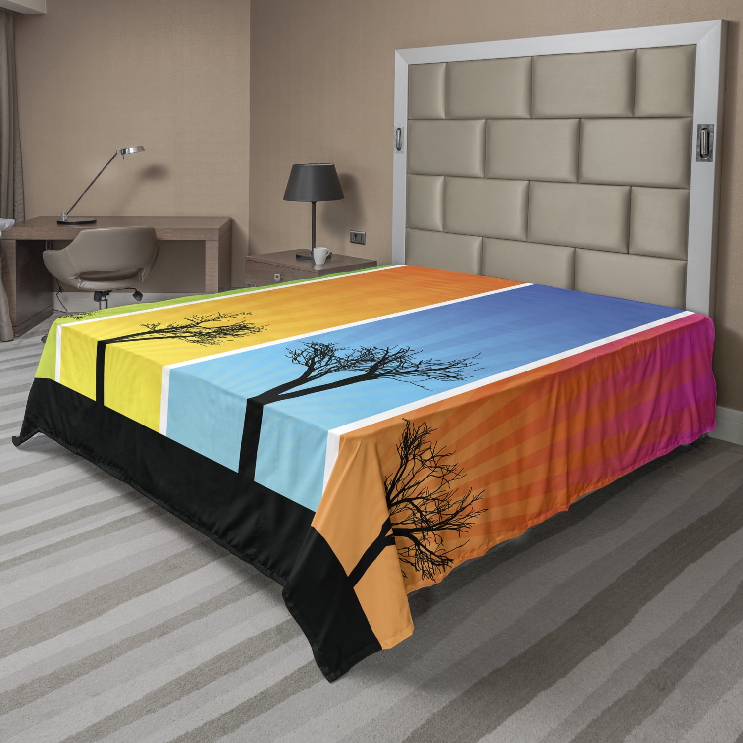 Tree Flat Sheet, Colorful Banners with Autumn Foliage Silhouettes ...