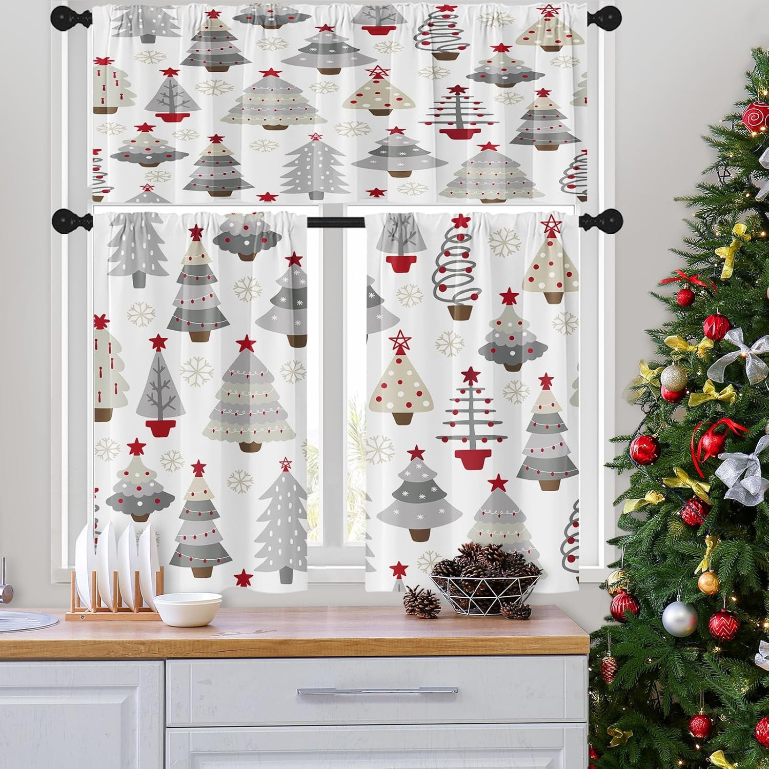 Tree Gray Red Christmas Kitchen Curtains Winter Pine Holiday Window ...