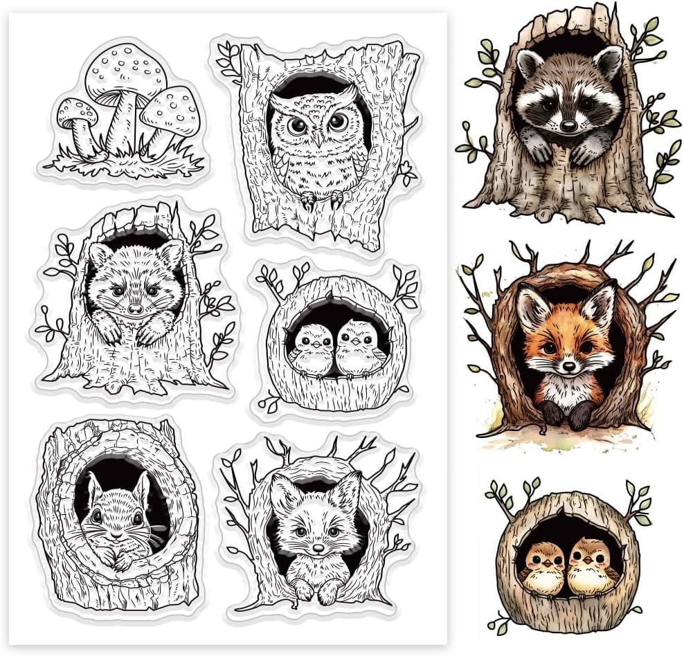 Tree Hole Animal Clear Stamps Fox Owl Squirrel Bird Raccoon Silicone ...