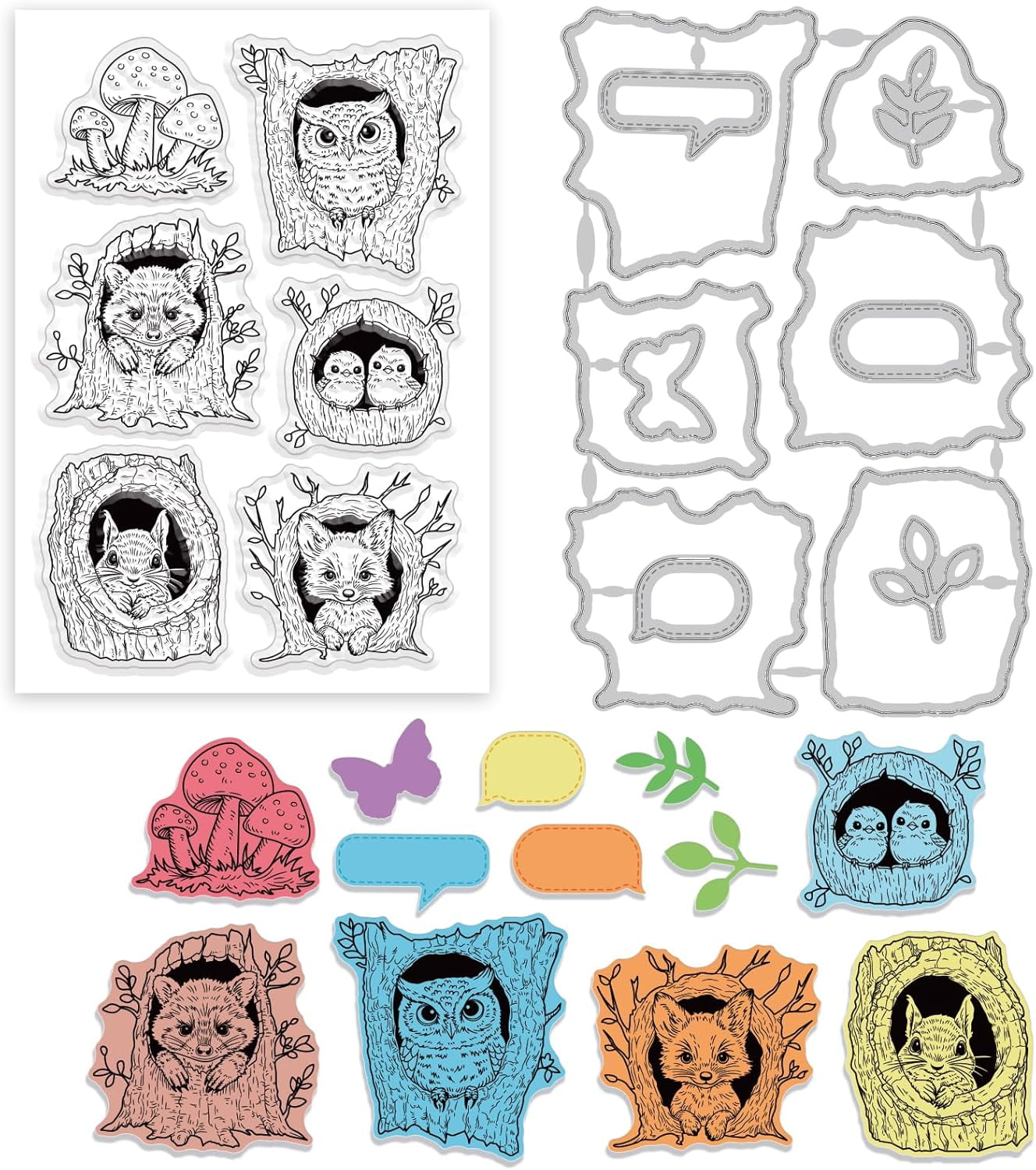 Tree Hole Animals Clear Stamps and Tree Hole Mushroom Cutting Dies Set ...