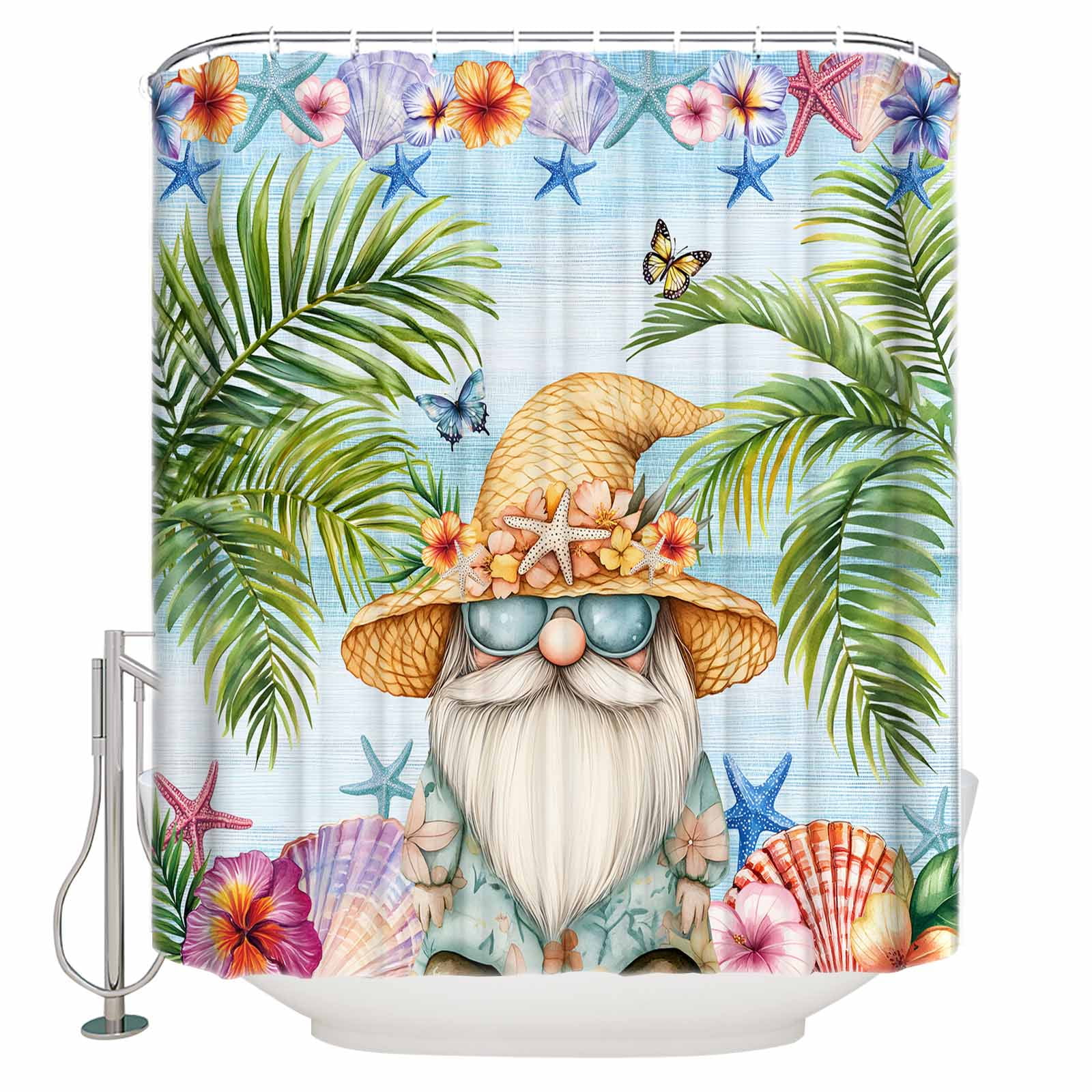 Tree No Hook Shower Curtain with Snap in Liner Summer Gnome Starfish ...