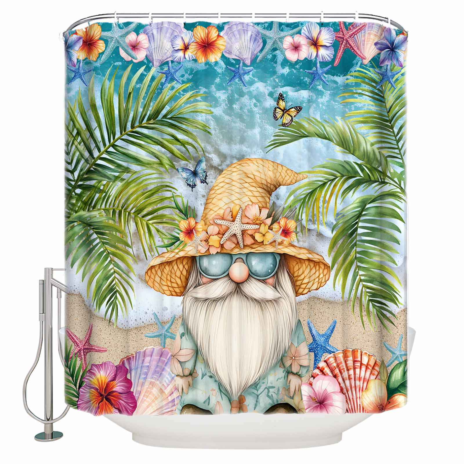 Tree No Hook Shower Curtain with Snap in Liner Summer Gnome Starfish Shell Butterfly Palm Tree ...