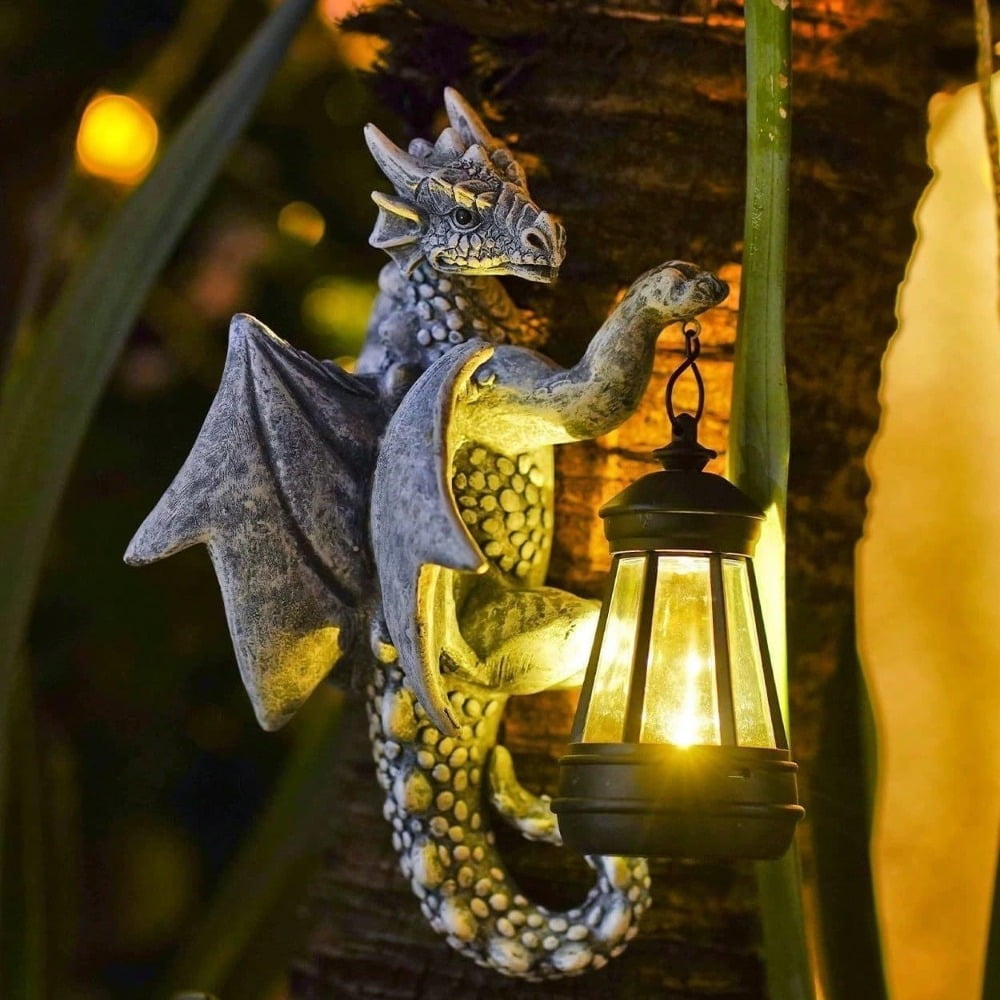 Tree Hugging Stone Flower Garden Dragon Statue With Solar Lantern ...