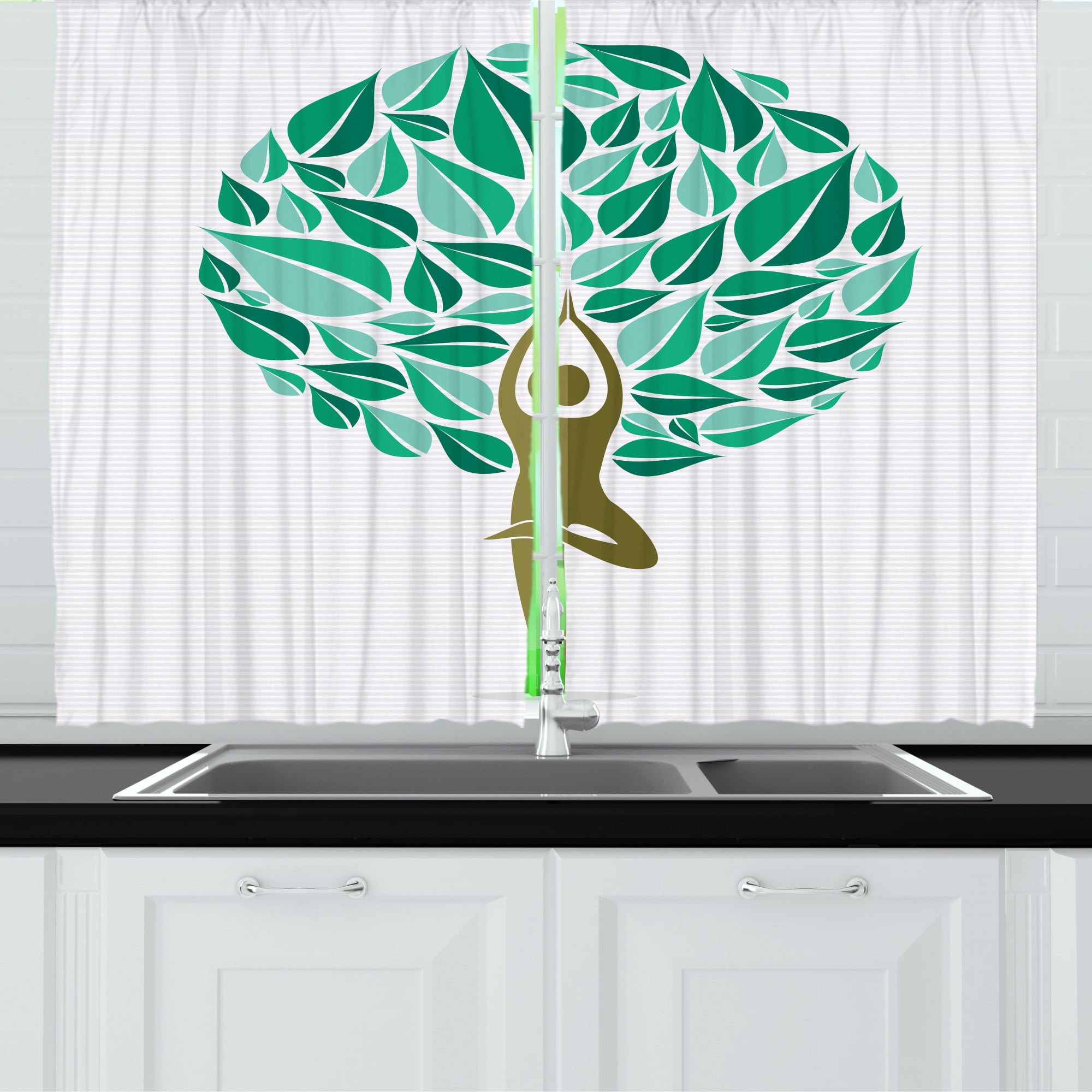 Tree Kitchen Curtains, Human Shape Yoga Exercise Pose Leaves on Neutral ...