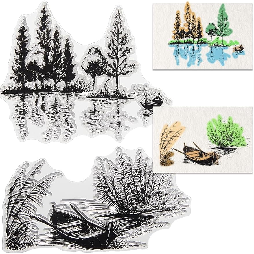Tree Lake Scenery Background Clear Rubber Stamp Boat River Vintage ...