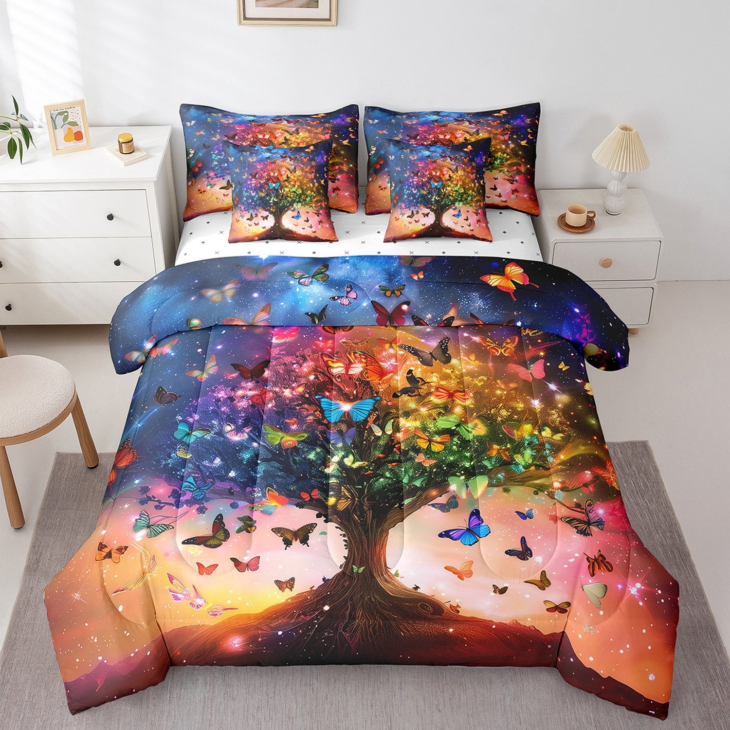 Tree of Life Bed in a Bag 7pcs Colorful Butterfly Bedding Set Twin Blue ...