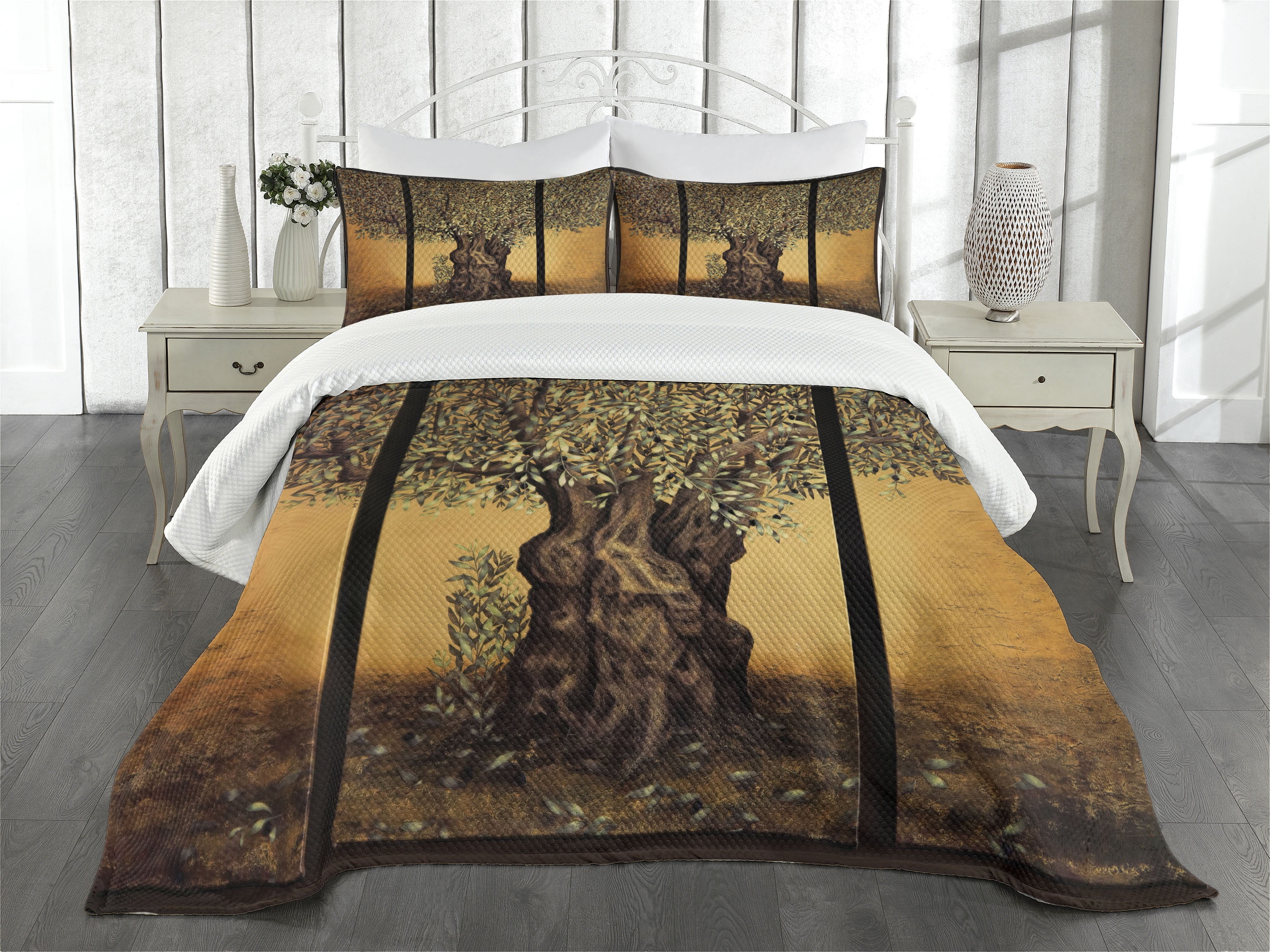 Tree of Life Bedspread, Triptych of Old Mature Olive Tree Mediterranean ...