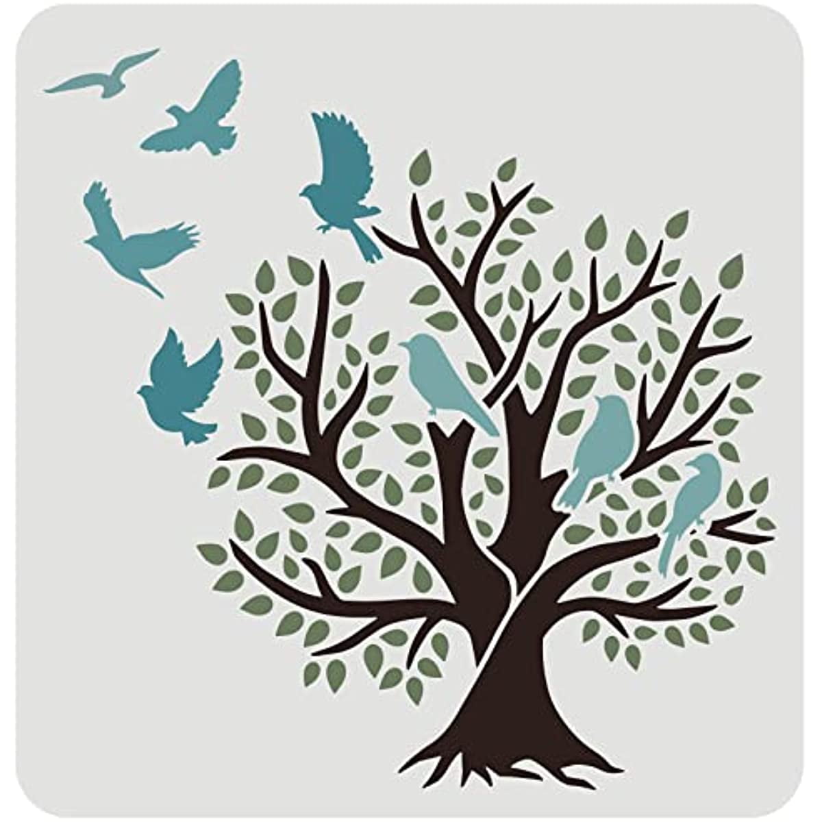 Tree of Life and Birds Stencil 11.8x11.8inch Tree Birds Pattern ...
