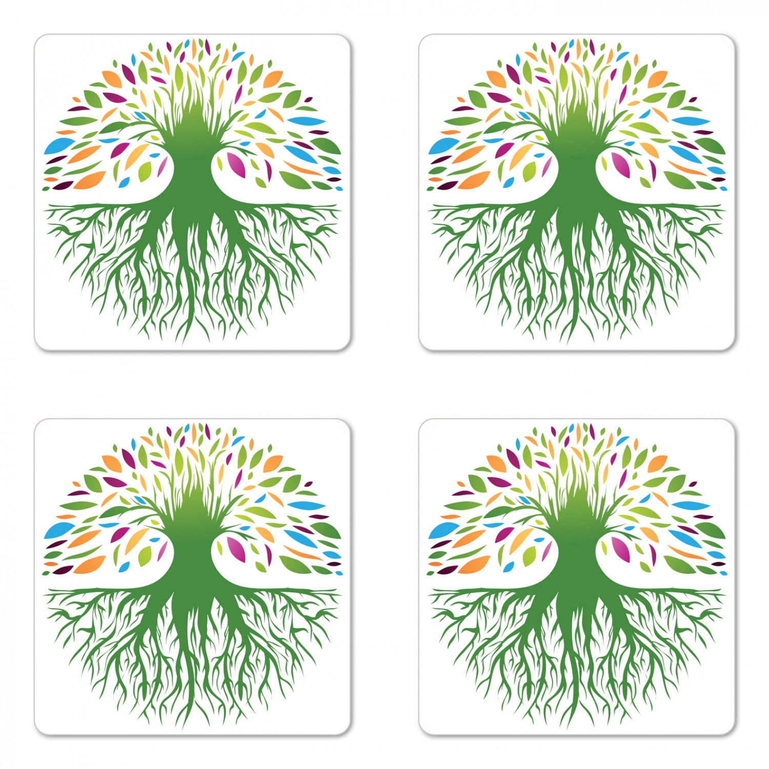 Tree of Life Coaster Set of 4, Colorful Round Abstract Tree Life and ...